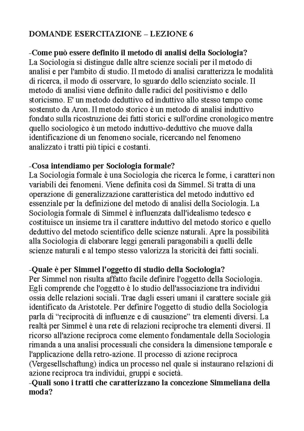Sociologia lezione 6 - esercitazioni utili a ricevere qualche punto in ...