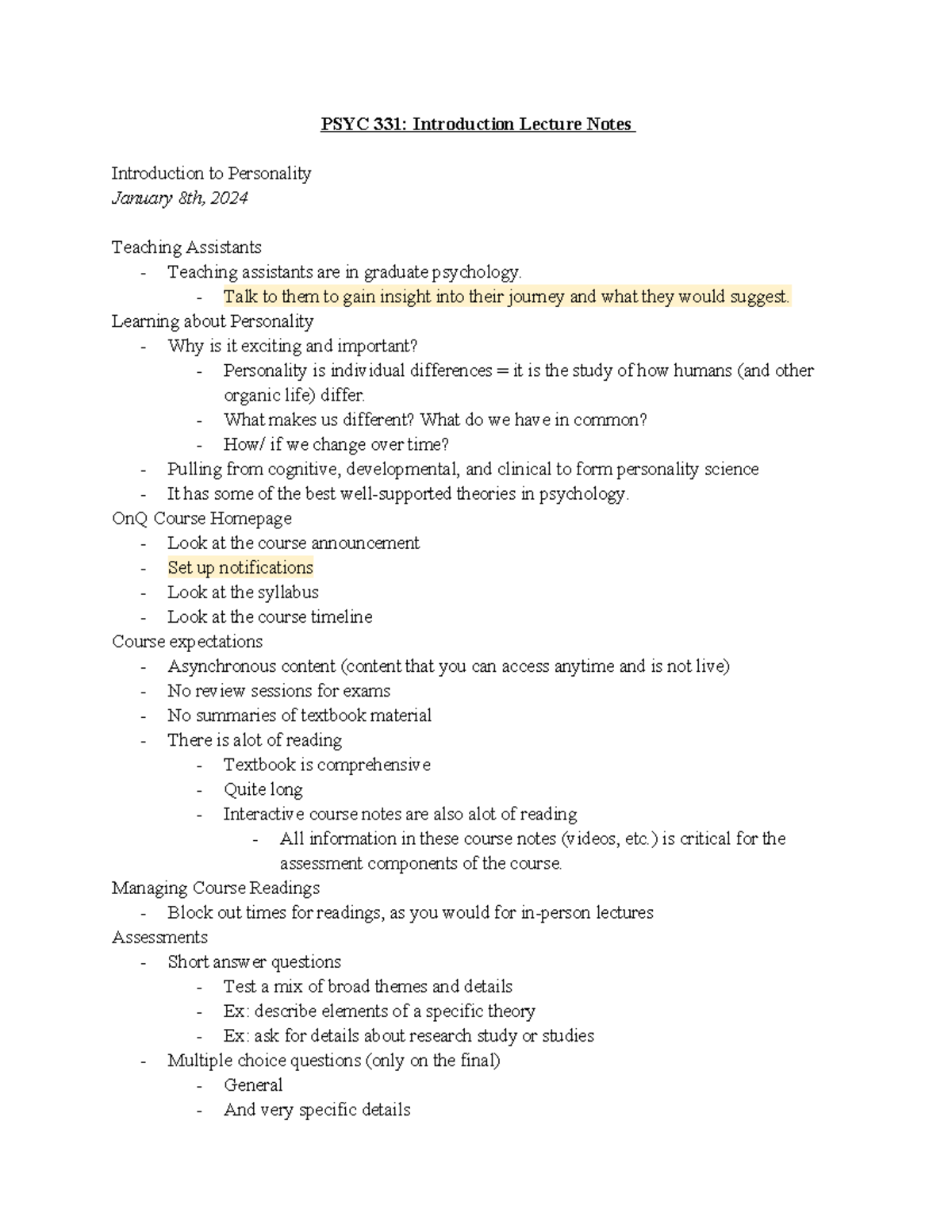 Psyc 331 Module Notes Psyc 331 Introduction Lecture Notes Introduction To Personality January