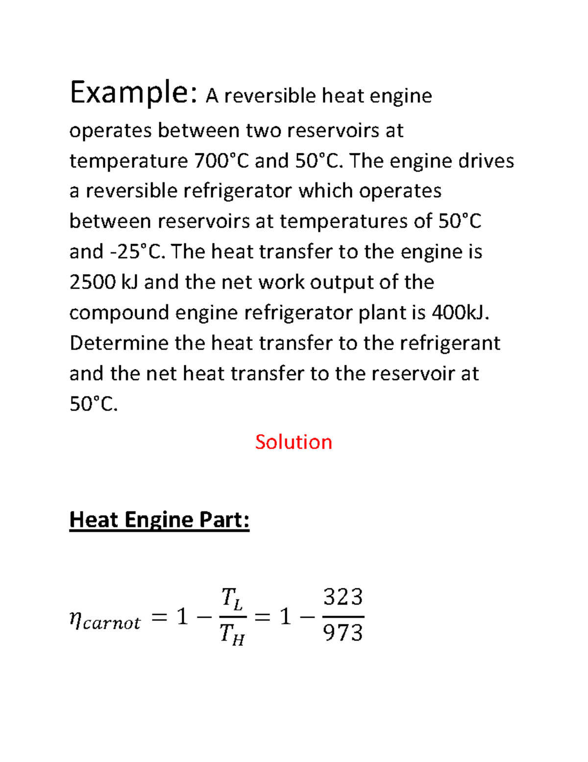 Example about reversing Heat engine - Example: A reversible heat engine ...