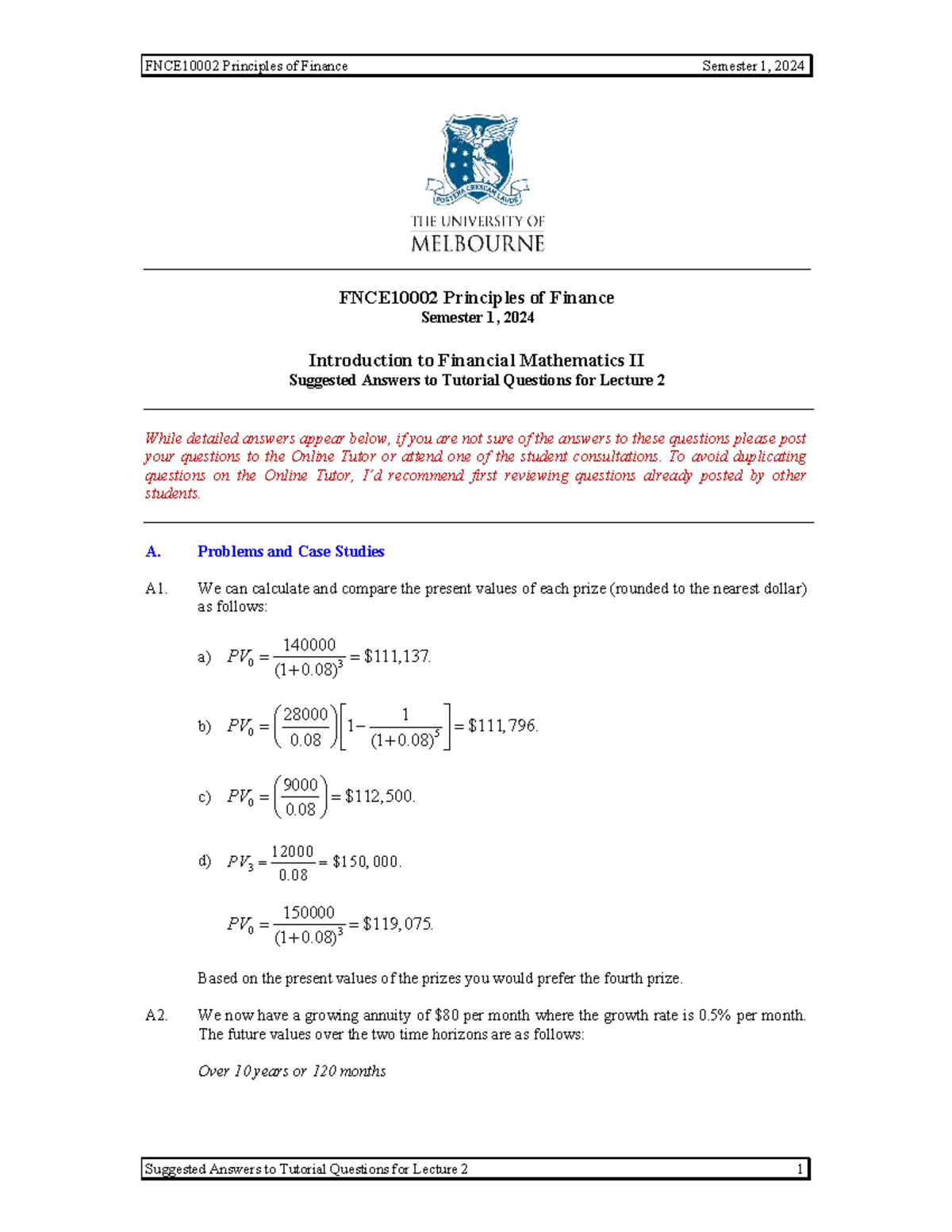 Tutorial 02 - Fin Math 2 - Ans - FNCE10002 Principles of Finance ...