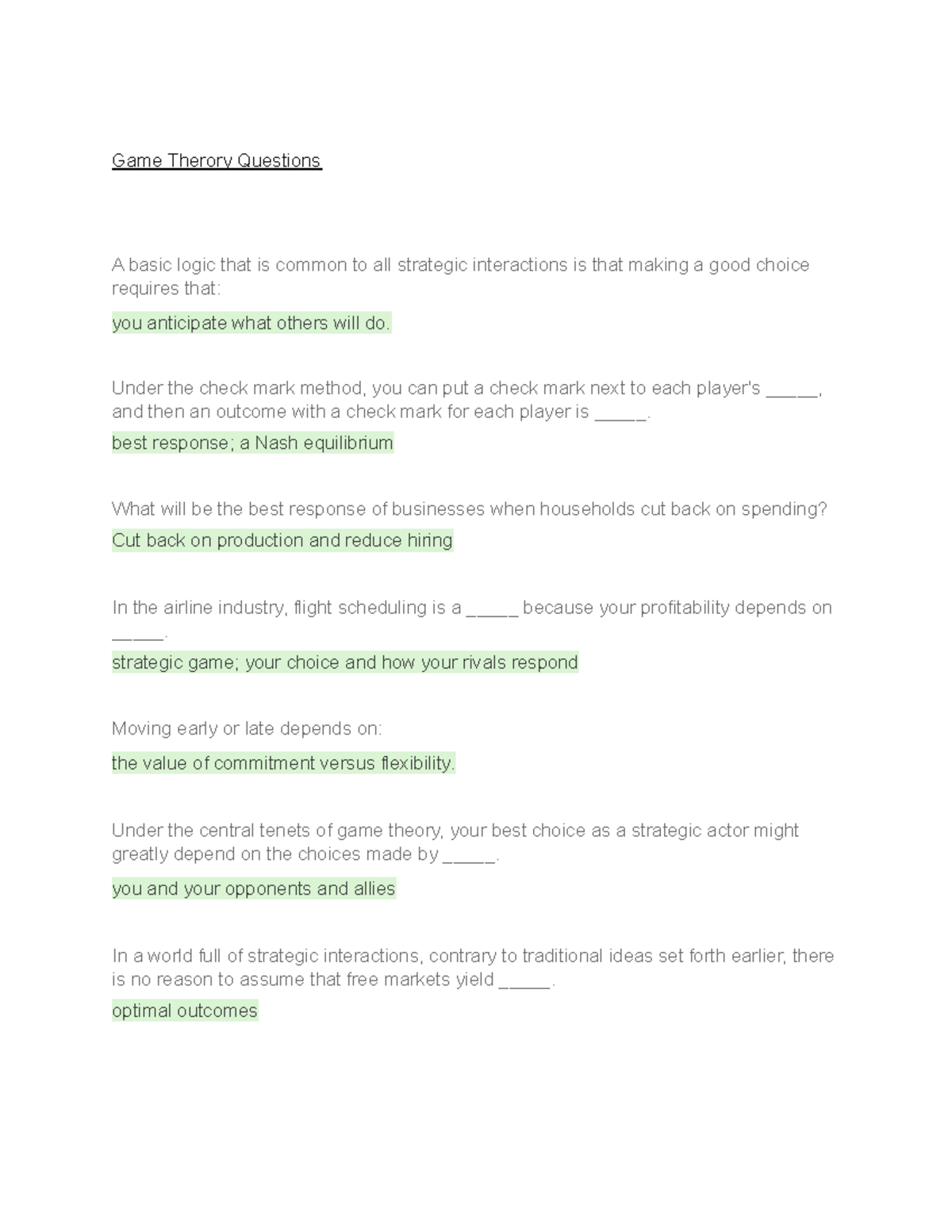 Game Therory Questions - Under the check mark method, you can put a ...