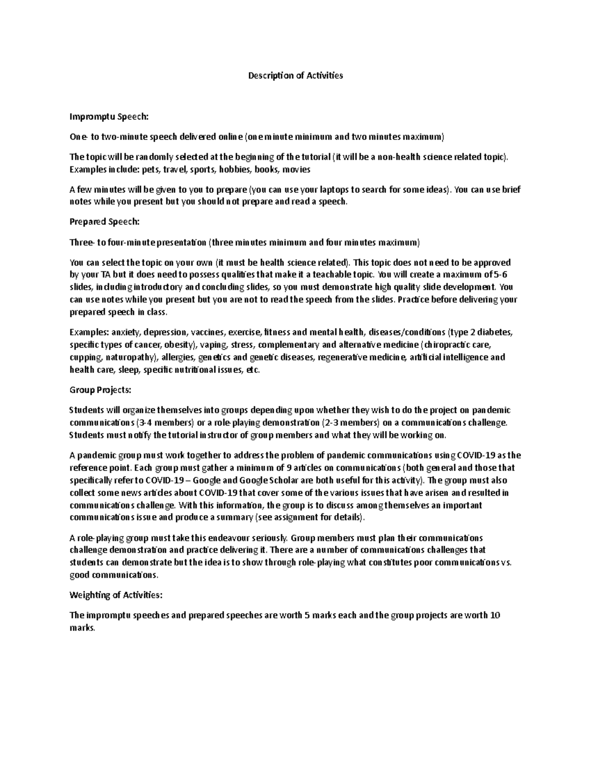 Description of Activities - Description of Activities Impromptu Speech ...