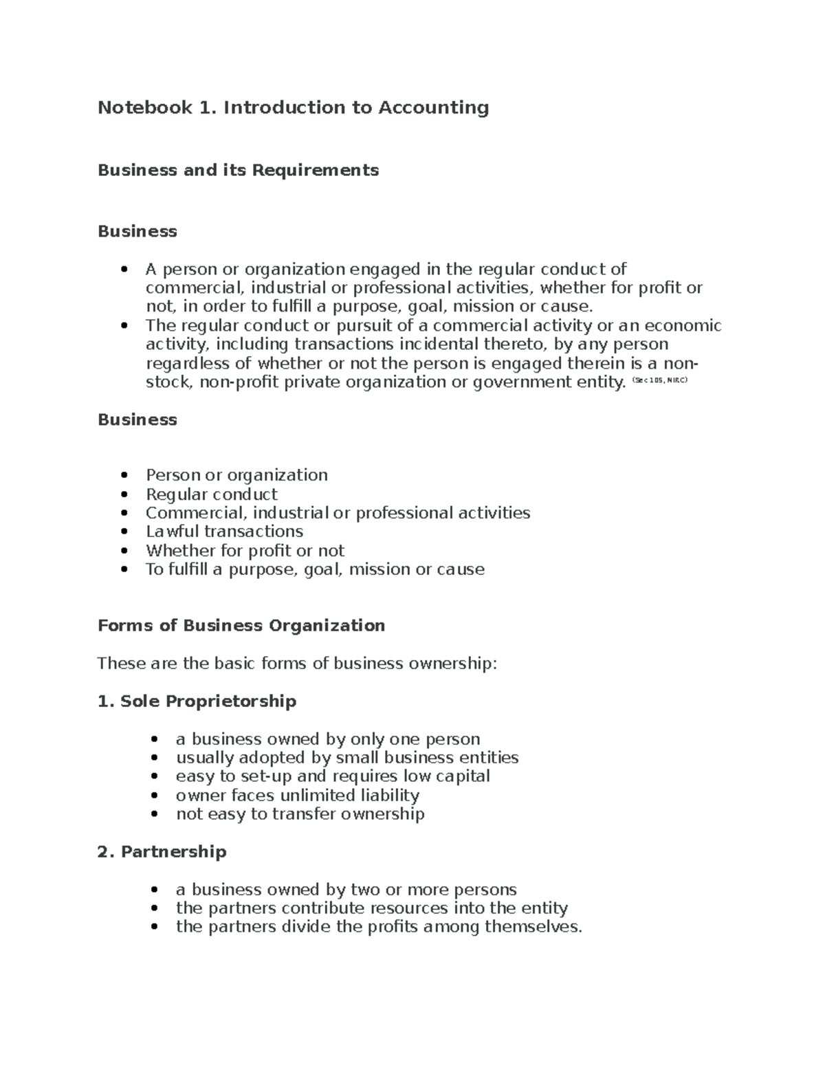 Notebook 1 Basic Accounting - Notebook 1. Introduction to Accounting ...