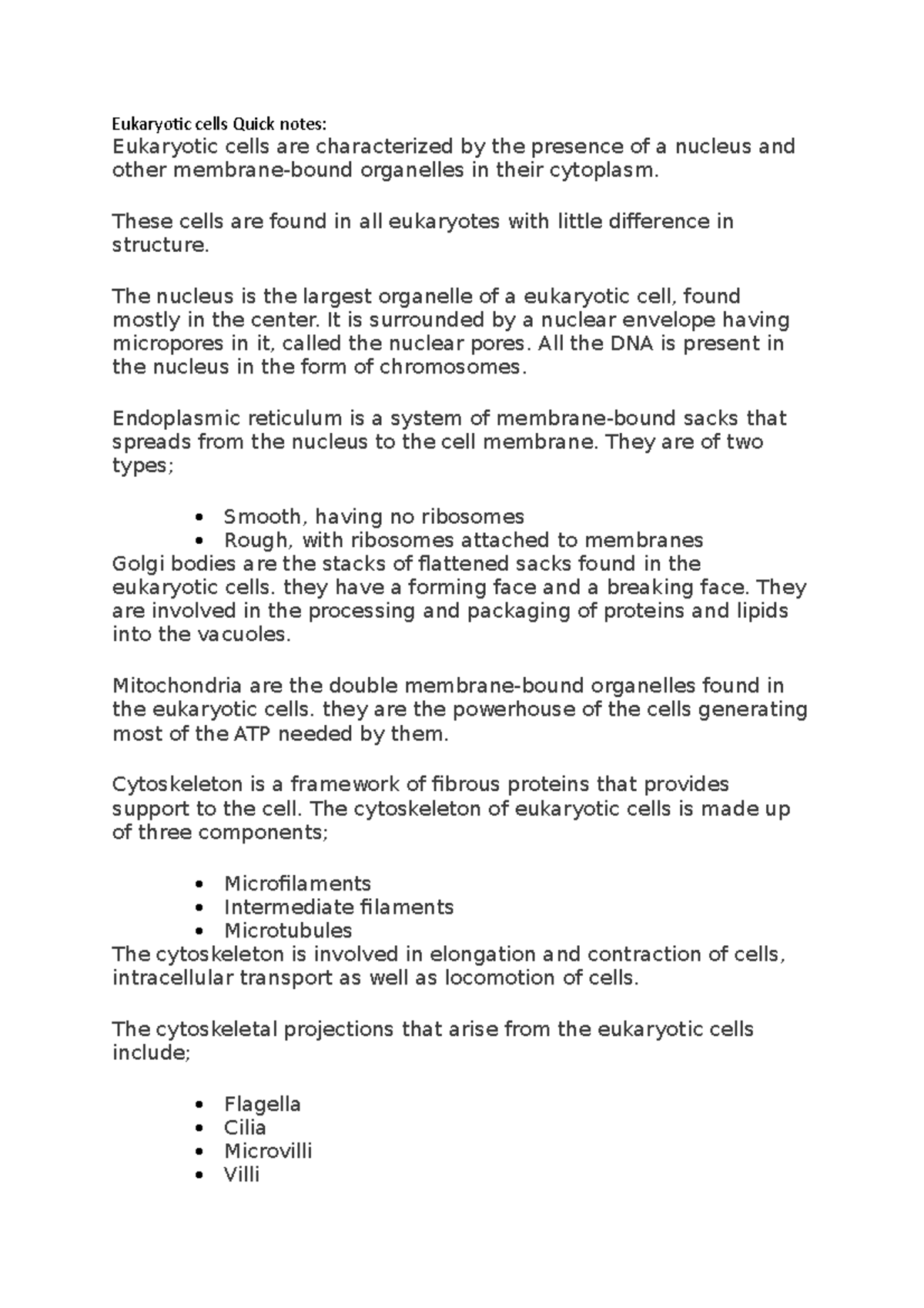 Eukaryotic cells Quick notes - Eukaryotic cells Quick notes: Eukaryotic ...