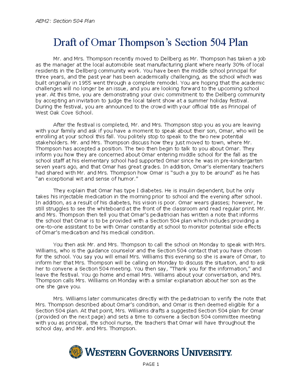 Draft of Omar Thompson's Section 504 Plan - AEM2: Section 504 Plan ...