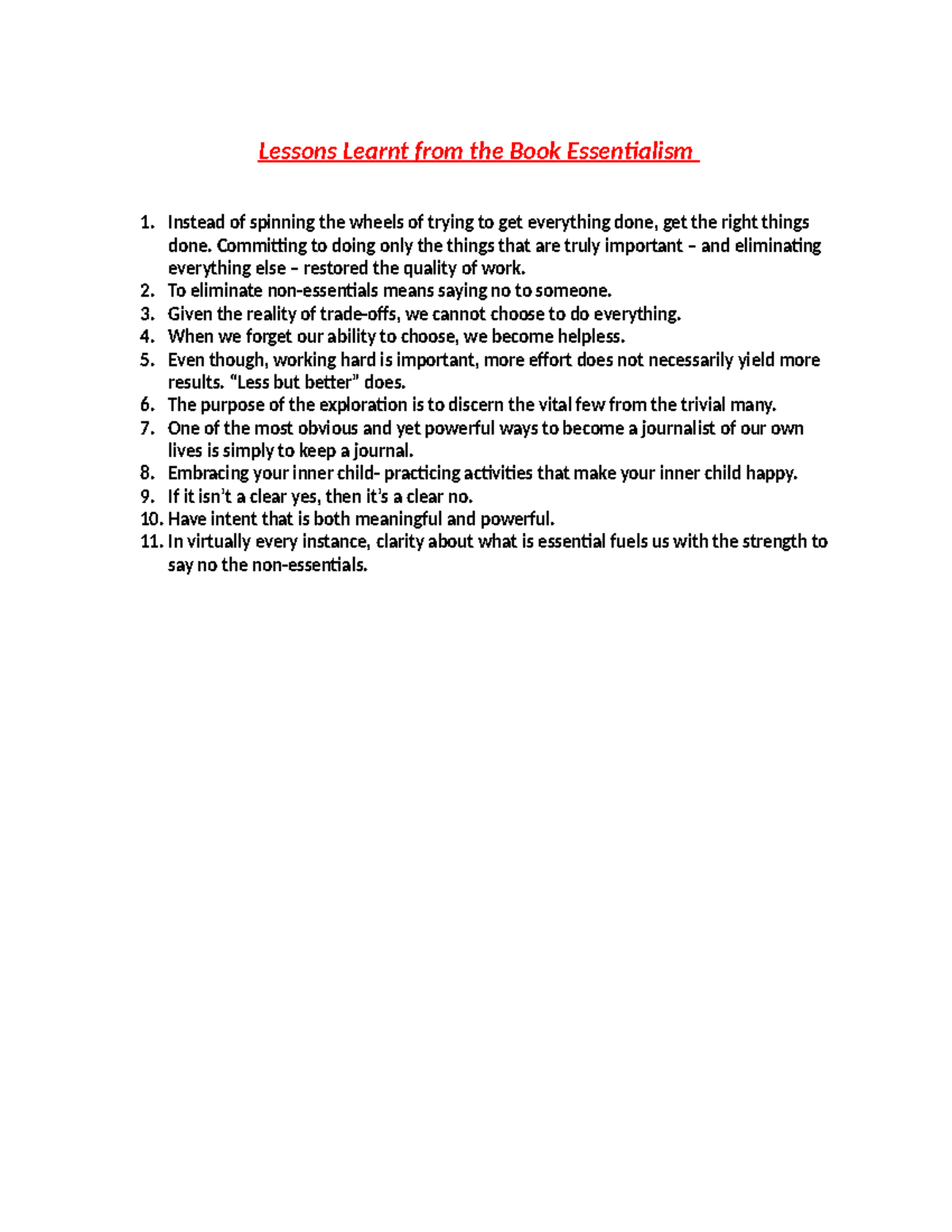 Lessons Learnt from the Book Essentialism - Instead of spinning the ...