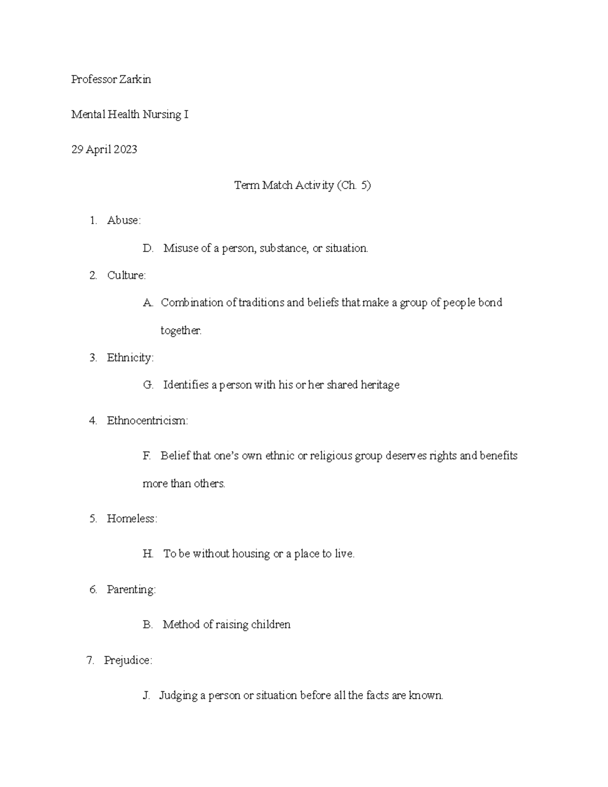 Term Match Activity (Ch. 5) - Professor Zarkin Mental Health Nursing I ...