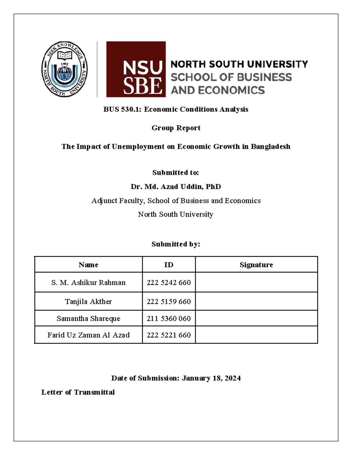 BUS 530.1 Final Report The Impact of Unemployment on Economic Growth in ...