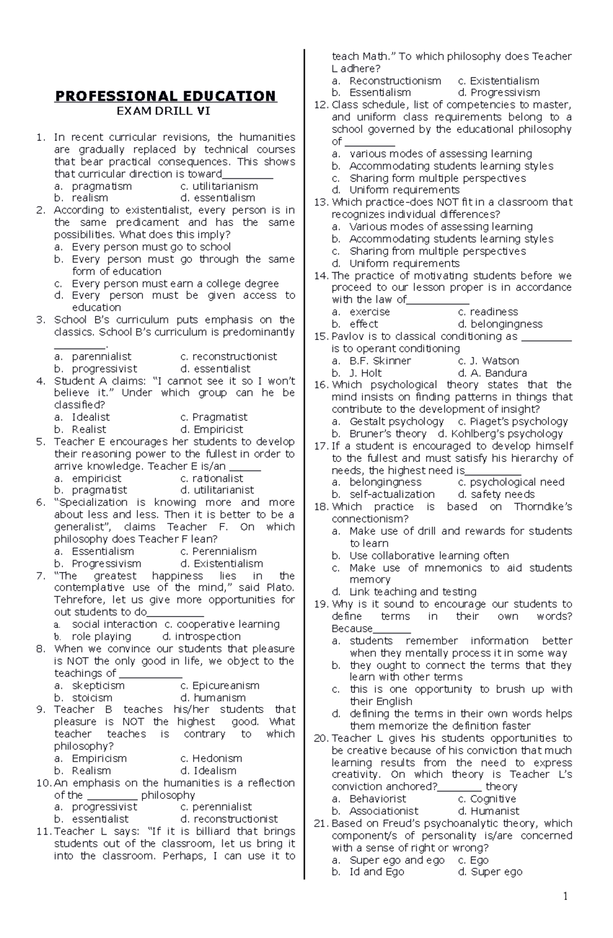 Profed 3 - Reviewer - PROFESSIONAL EDUCATION EXAM DRILL VI In recent ...