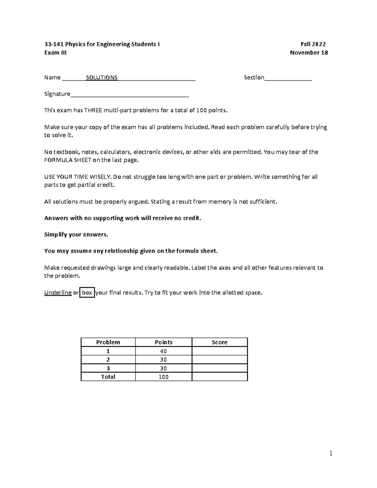 Exam III F22 Solutions - 33-141 Physics for Engineering Students I Fall 2022 Exam III November ...