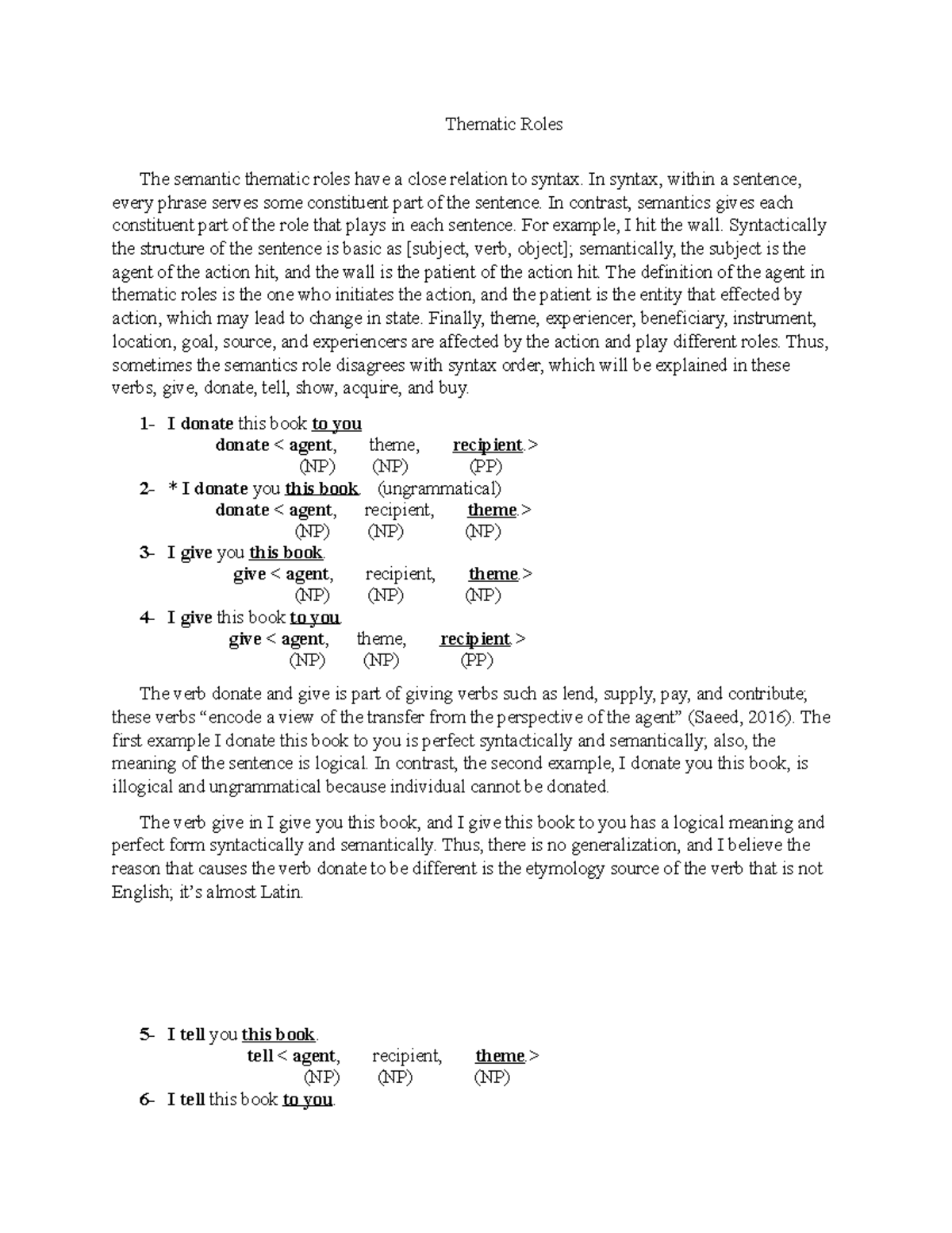 Thematic Roles - LING5953 - Studocu