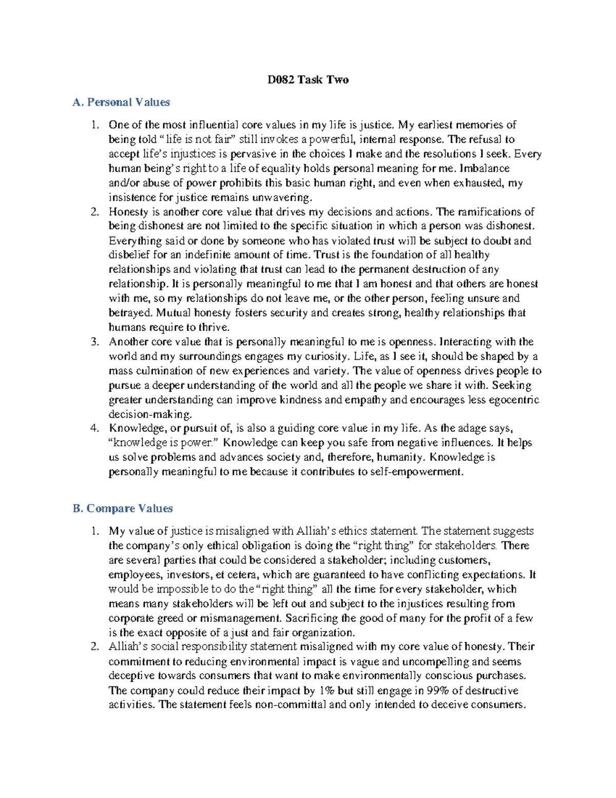 D082 Task Two - D082 Task Two - Passed - D082 Task Two A. Personal ...