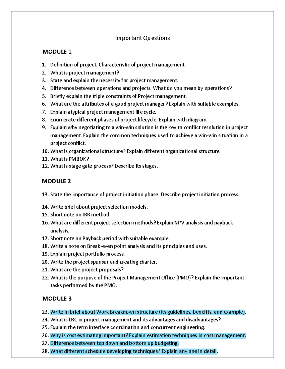 BE PM important ques - Important Questions MODULE 1 Definition of ...
