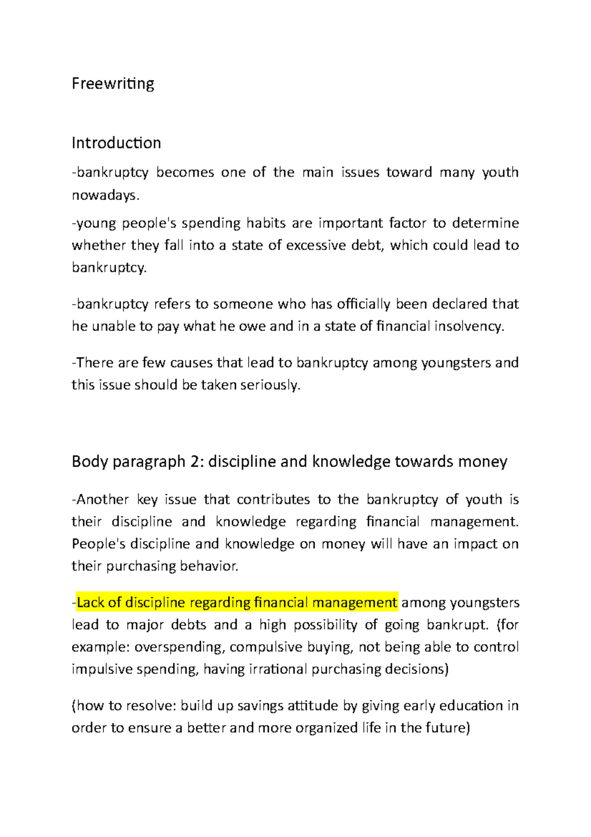 Intro and para2(bankruptcy among youth) - Freewriting Introduction ...