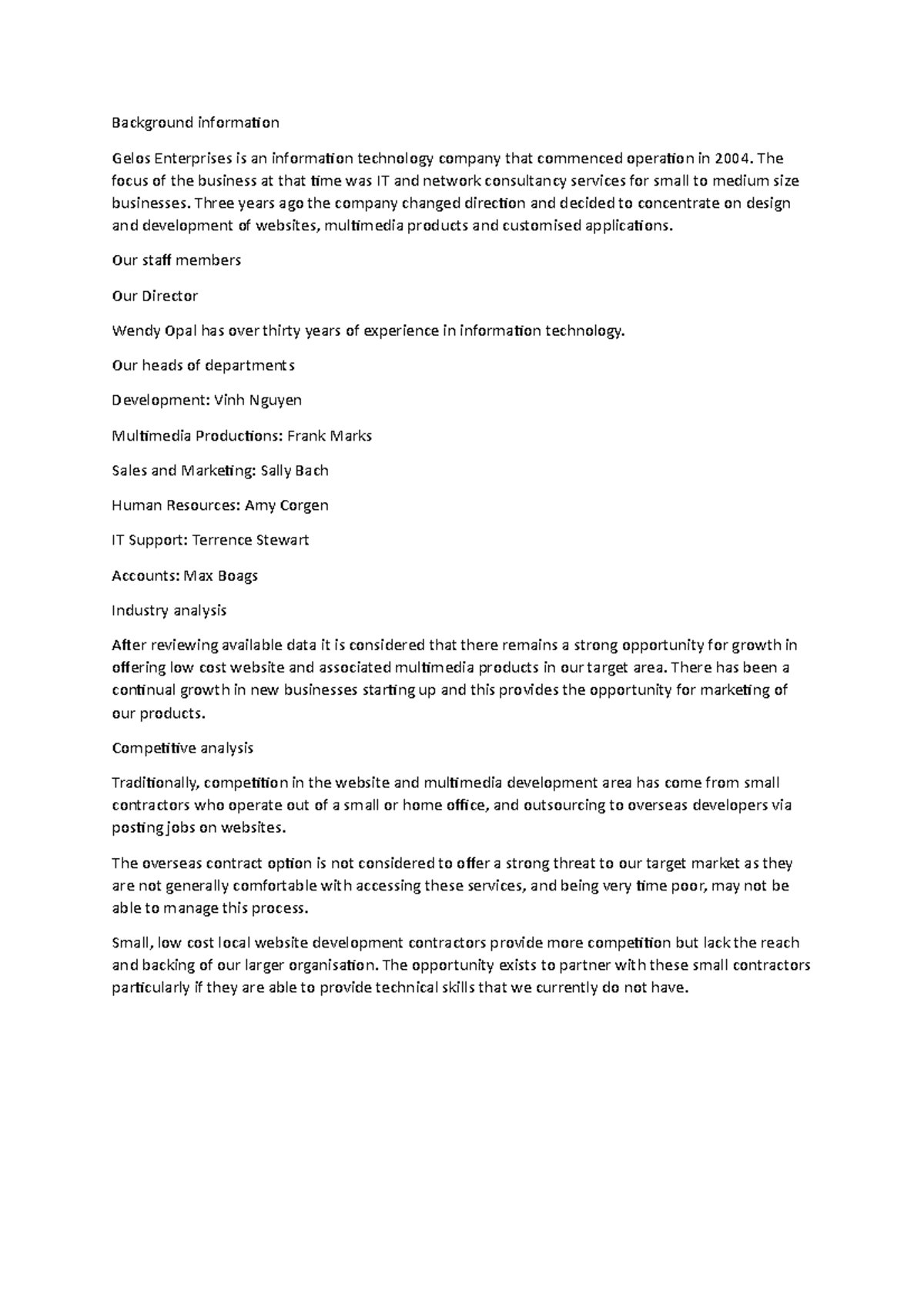 Part3 client report start - Background information Gelos Enterprises is ...