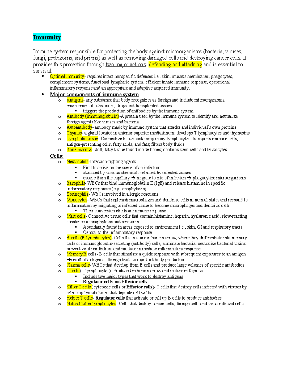 Immunity - notes - Immunity Immune system responsible for protecting ...