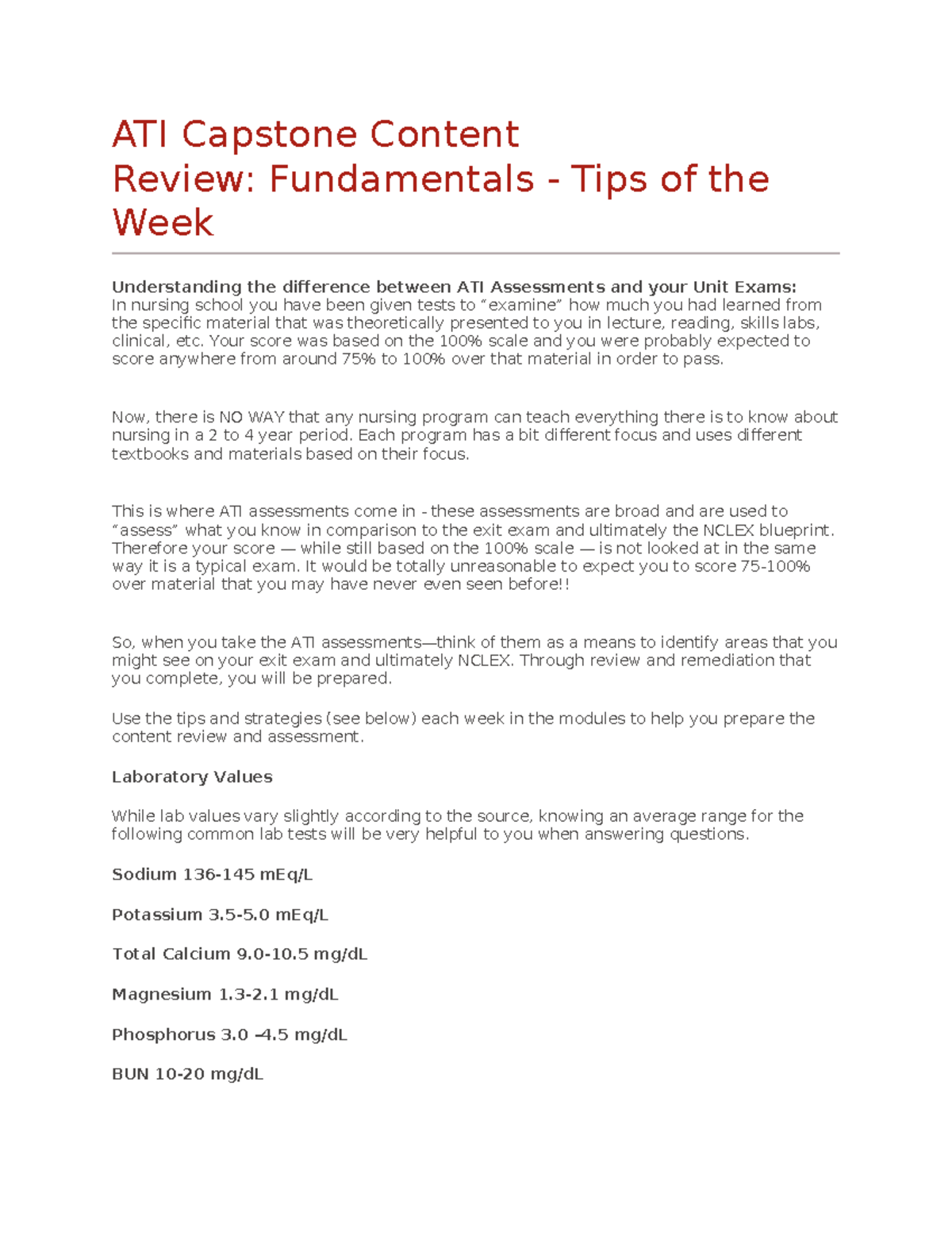 ATI Study Fundamentals 1 - ATI Capstone Content Review: Fundamentals ...