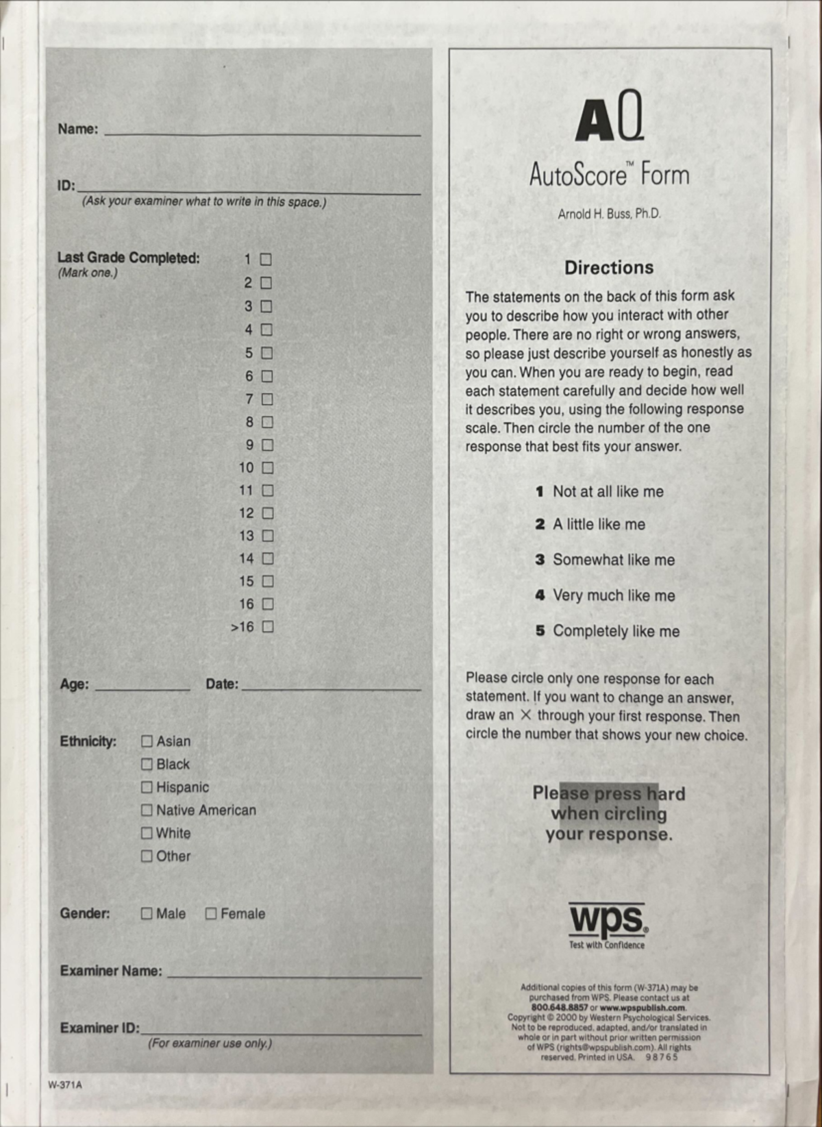 AQ- Questionnaire copy - Name: AO AutoScore TM Form ID: (Ask your ...