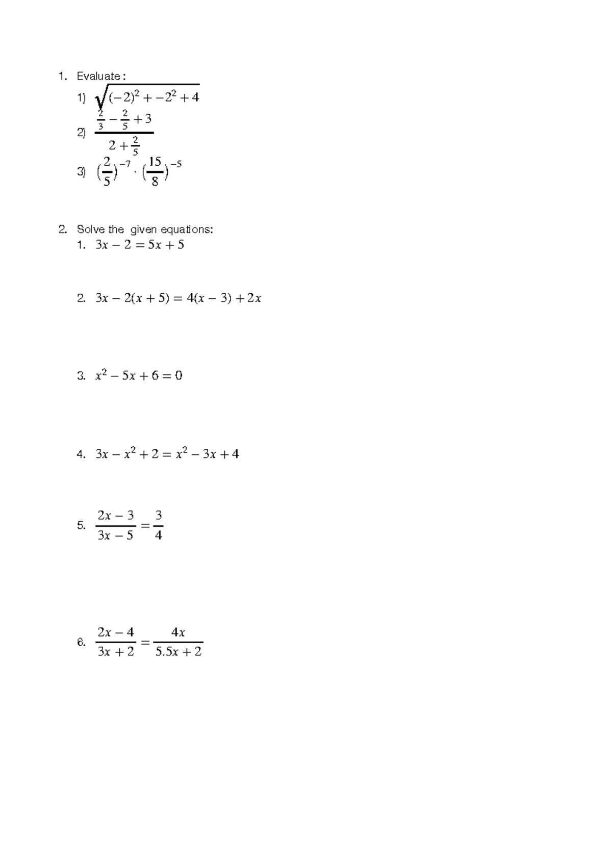 General test for 11th graders - 1. Evaluate : 1) 2) 3) 2. Solve the ...