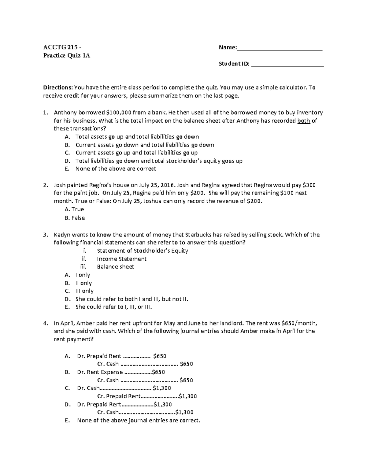 Practice Quiz 1A - ACCTG 215 - Name:__________________________ Practice ...