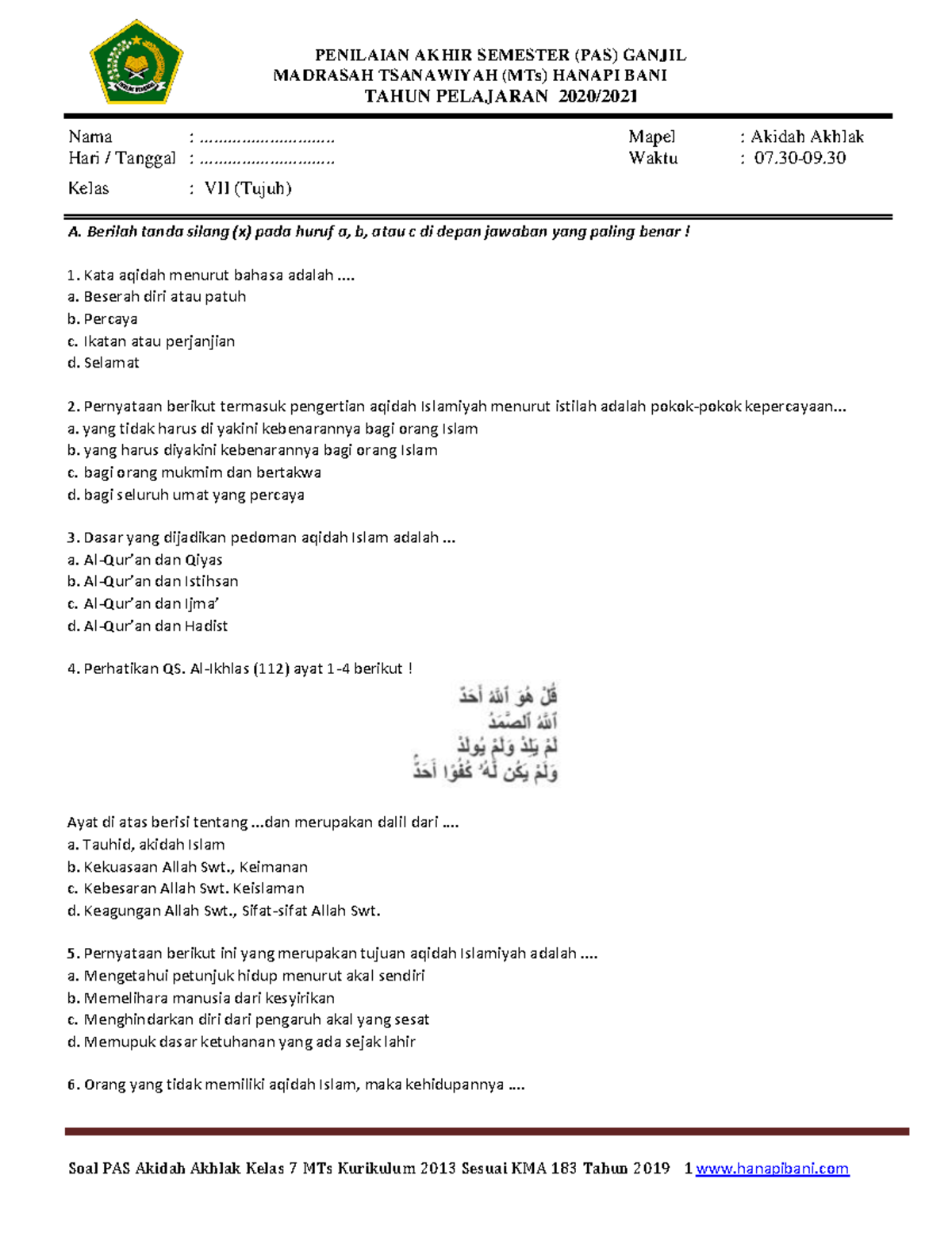 Contoh SOAL PAS Akidah Kelas 7 - Kelas : VII (Tujuh) A. Berilah tanda ...
