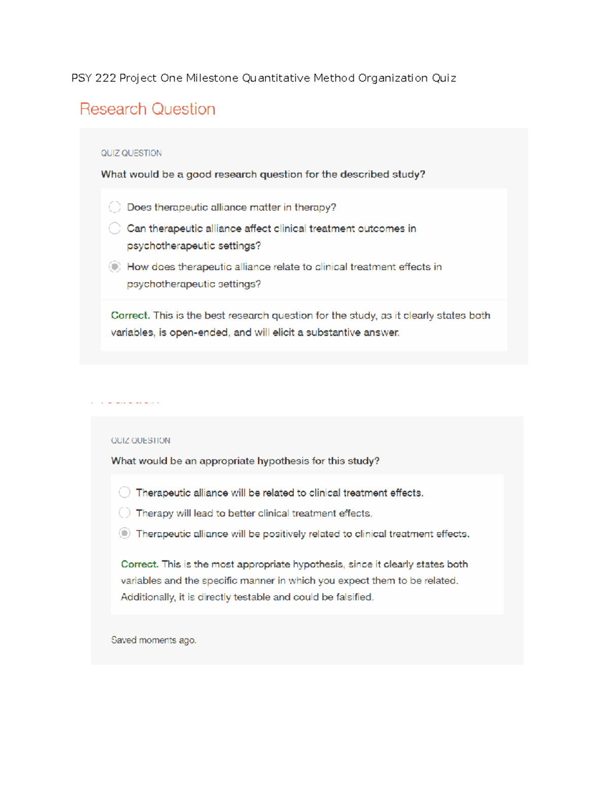 PSY 222 Project One Milestone Quantitative-Qualitative Method Organization Quiz - PSY-222 - Studocu