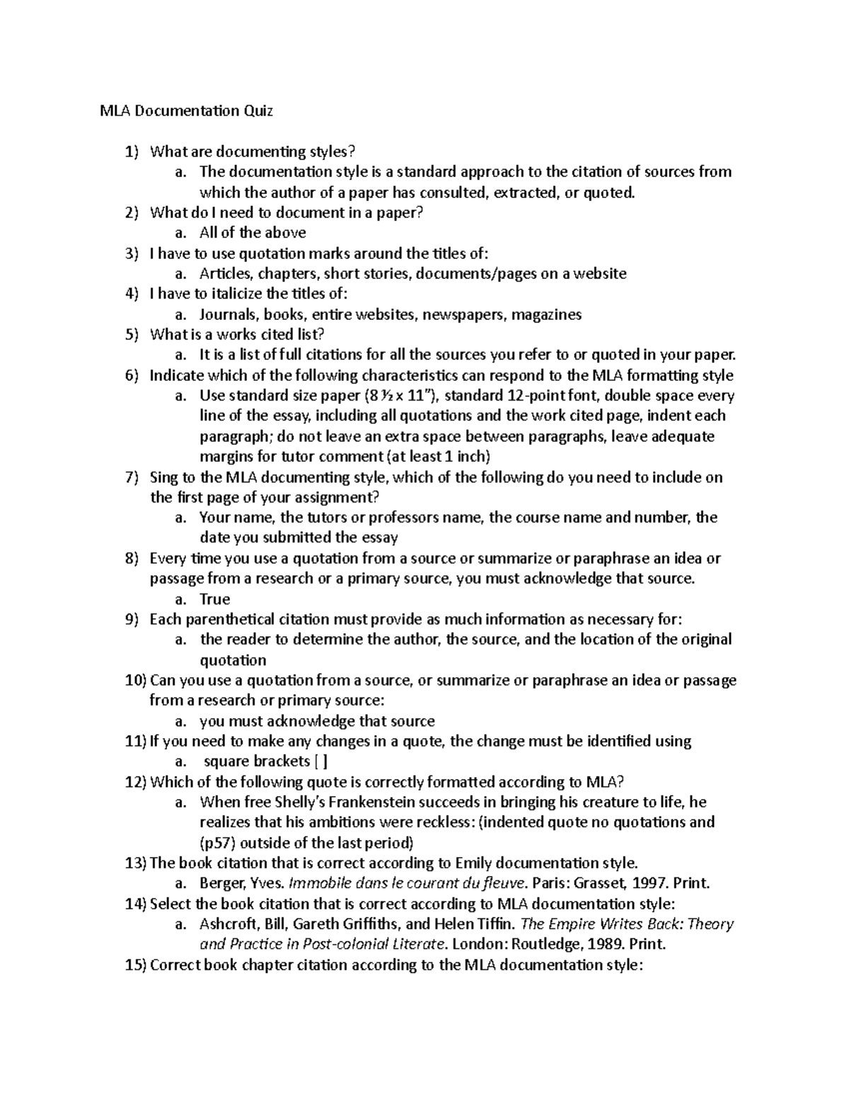 MLA Documentation Quiz - MLA Documentation Quiz What are documenting styles? a. The ...