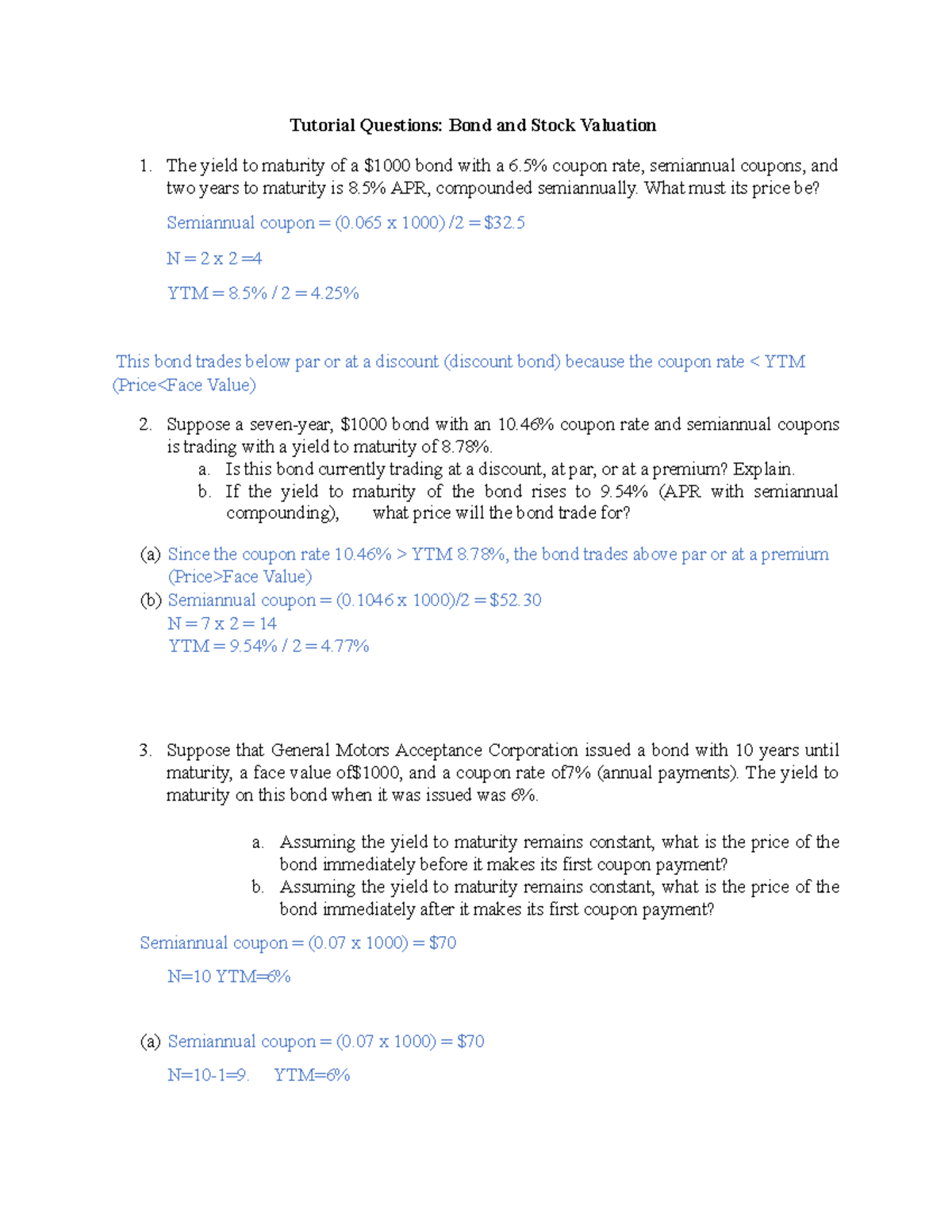 Week-5 tutorial - Bond and Stock Valuation related questions and answers - Tutorial Questions ...
