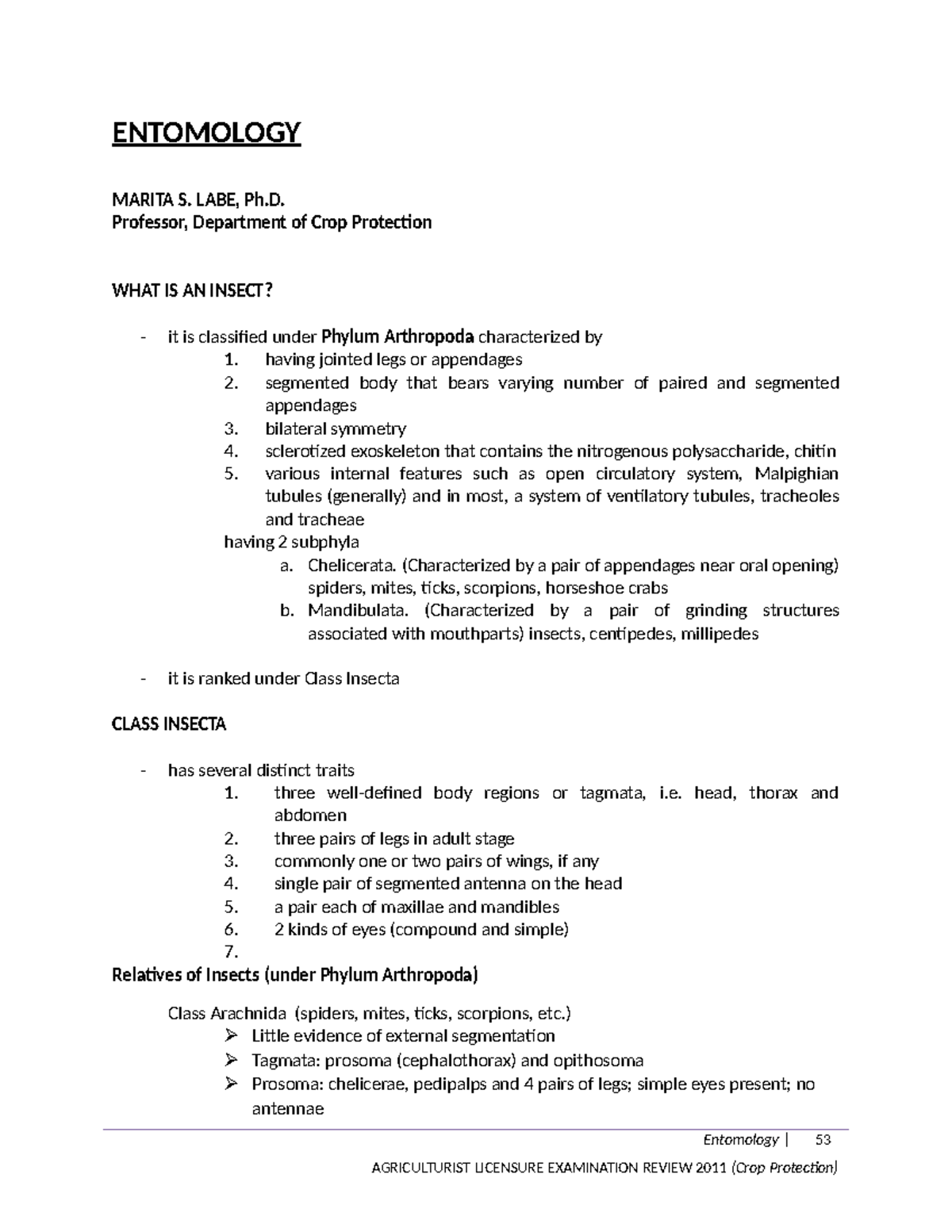 Entom lec - 123 - ENTOMOLOGY MARITA S. LABE, Ph. Professor, Department ...