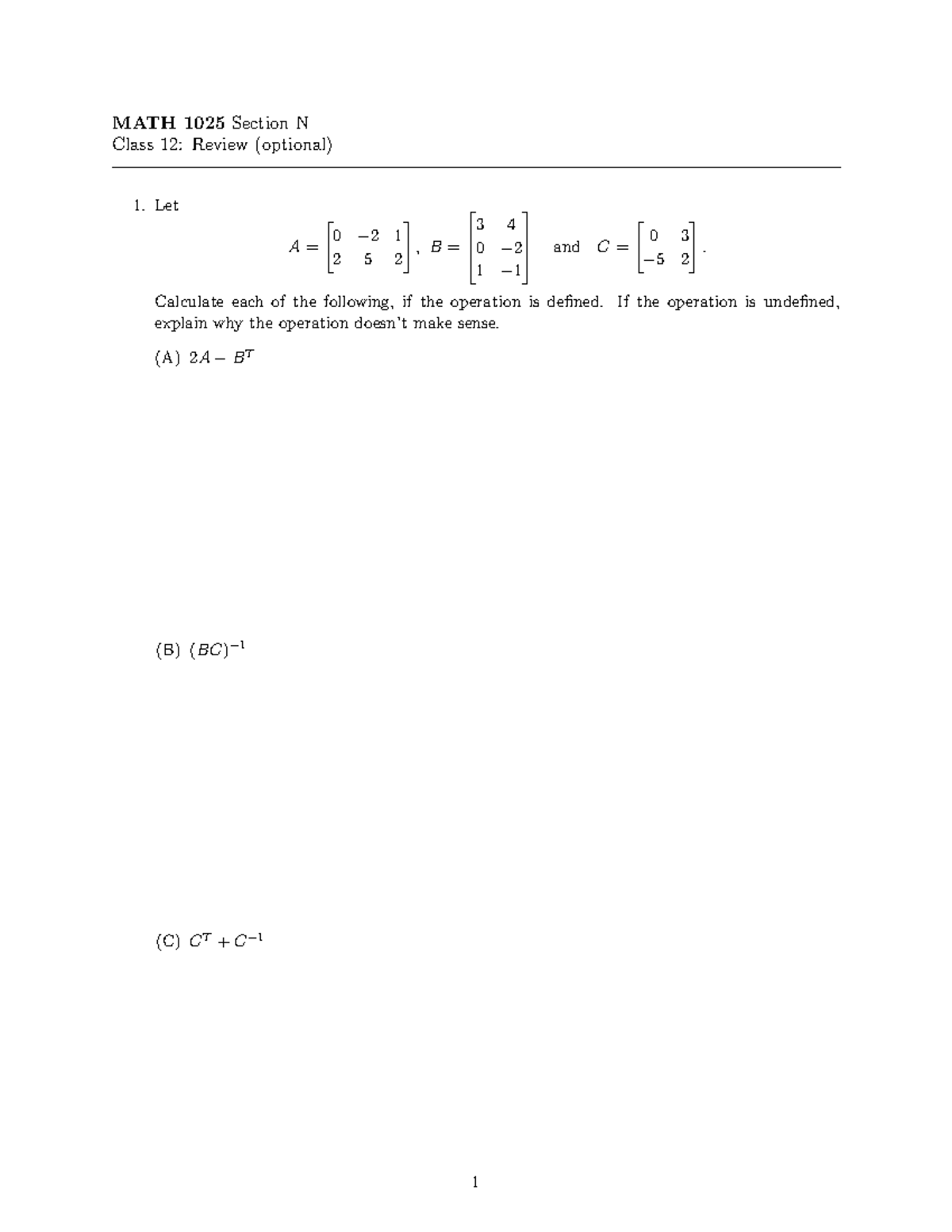 Class 12 Notes - Review for midterm exam. - MATH 1025 Section N Class ...