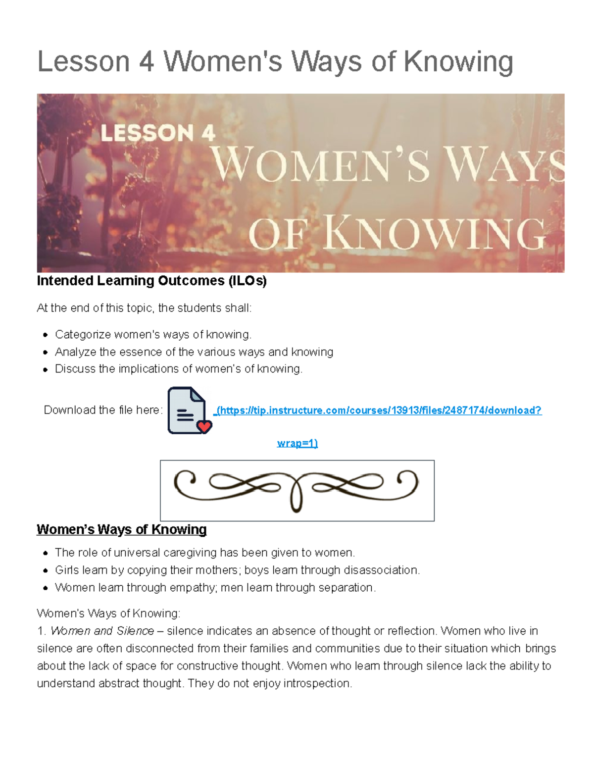 Lesson 4 Women s Ways of Knowing GEE 001B - GE Elective 1 - Gender and ...