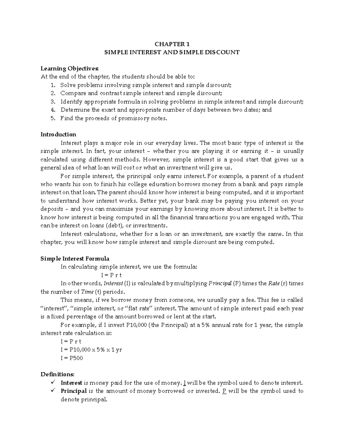 Chapter-1 - Hahahah - CHAPTER 1 SIMPLE INTEREST AND SIMPLE DISCOUNT Learning Objectives: At the ...