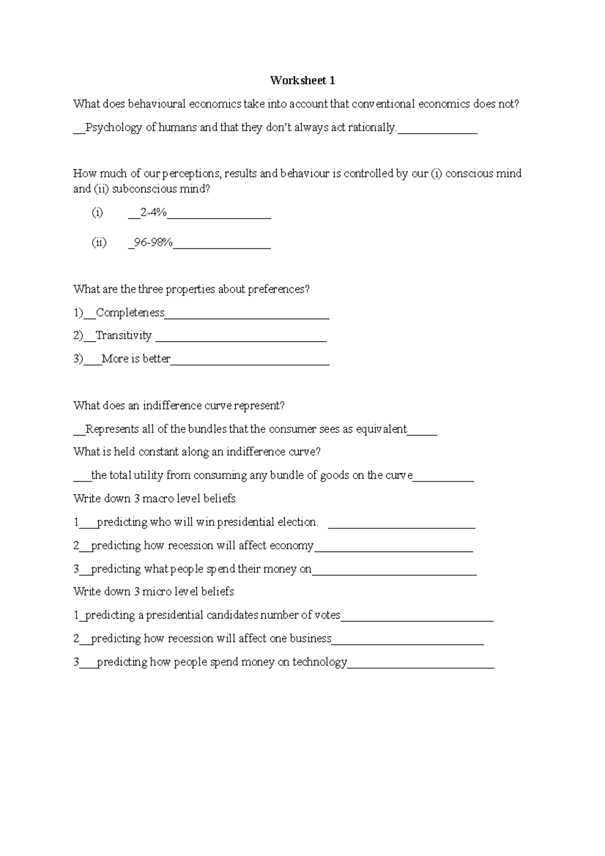 Worksheet Questions 1 - Worksheet 1 What does behavioural economics ...