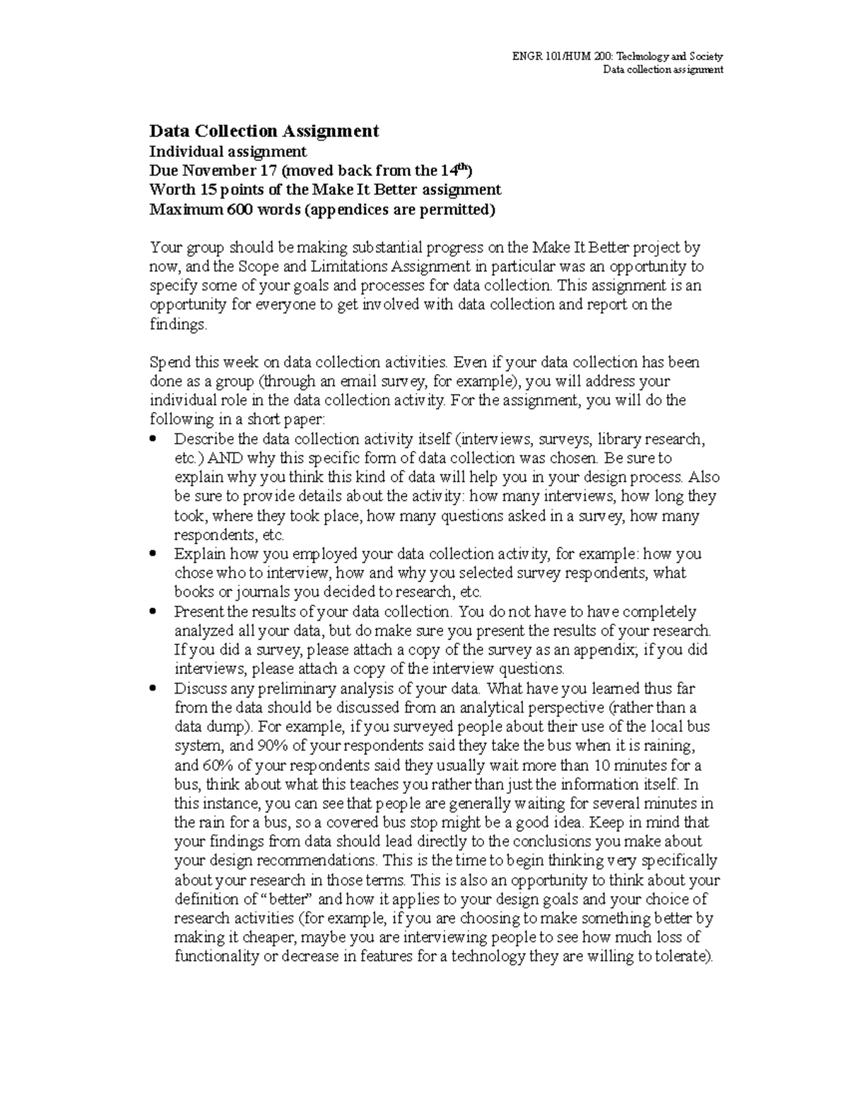 Data Collection - ENGR 101/HUM 200: Technology and Society Data collection assignment Data - Studocu