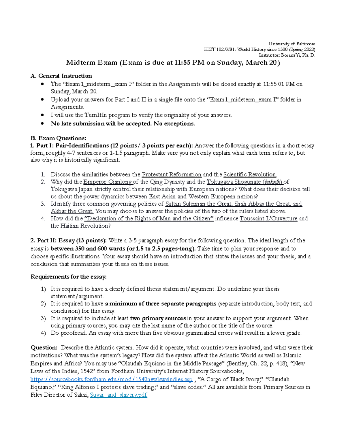 HIST102 WB1 Midterm Sp 2022 - University of Baltimore HIST 102: World ...