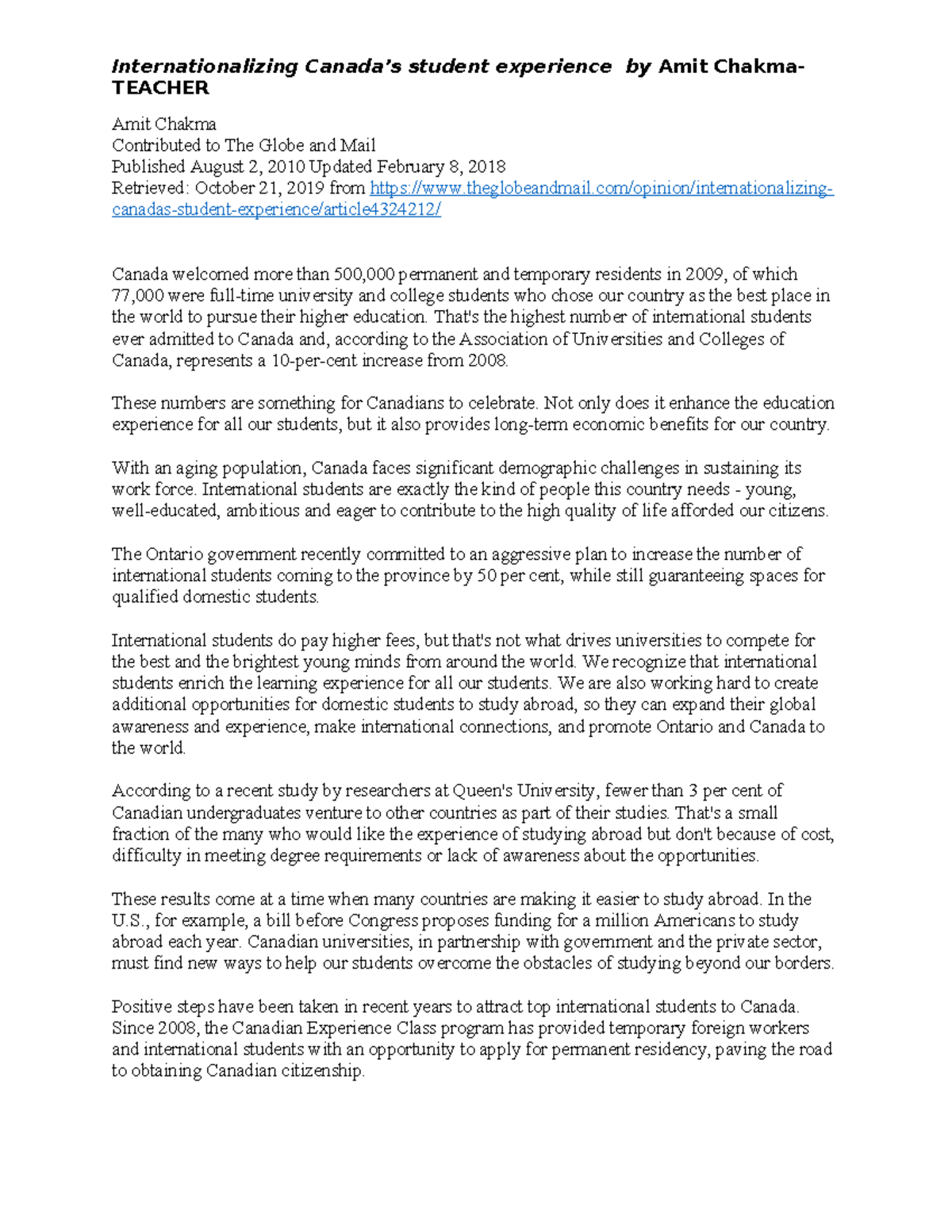 Reading summary exemplars activity- too - TEACHER Amit Chakma ...