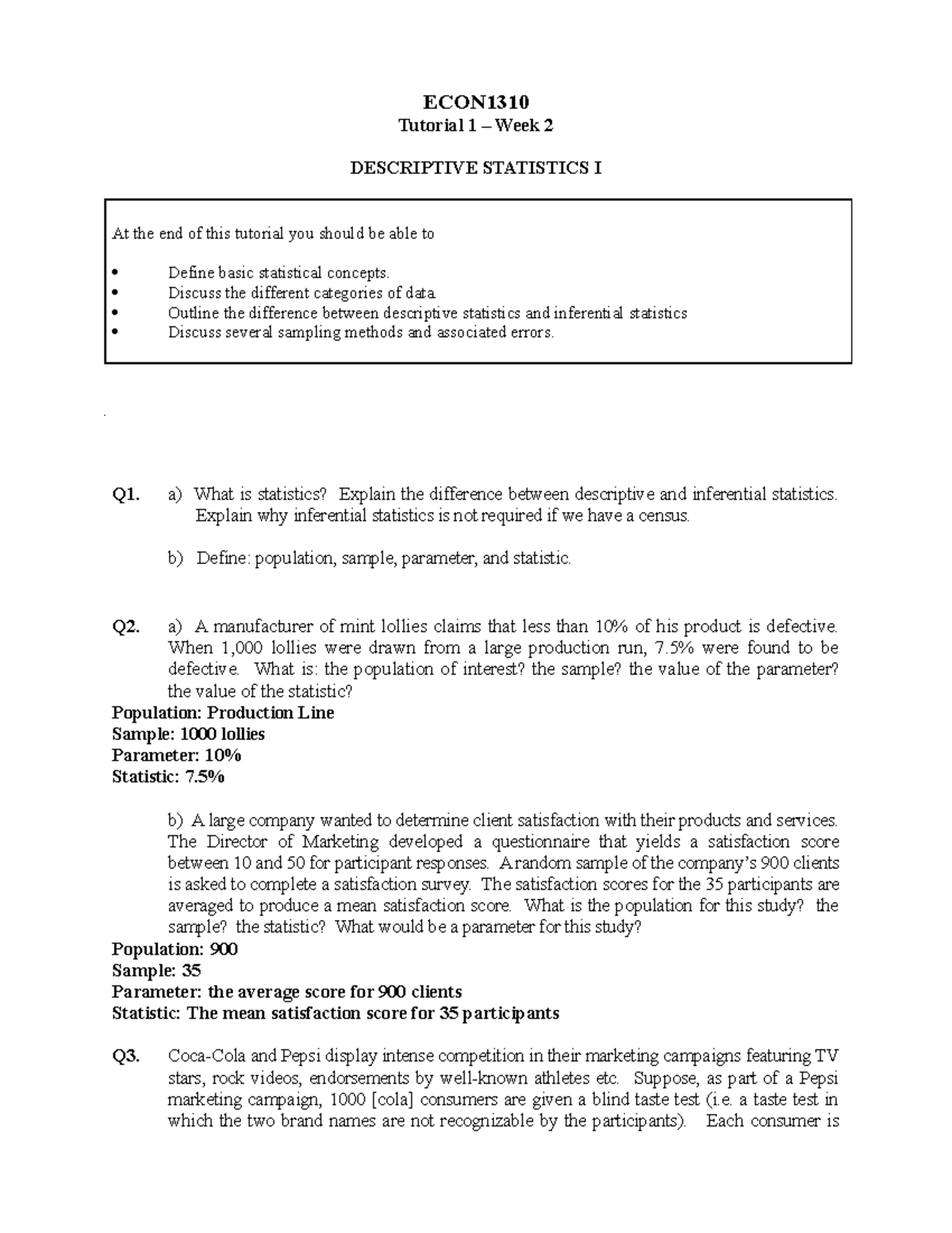 ECON1310 Tutorial 1 - ECON Tutorial 1 – Week 2 DESCRIPTIVE STATISTICS I At the end of this ...