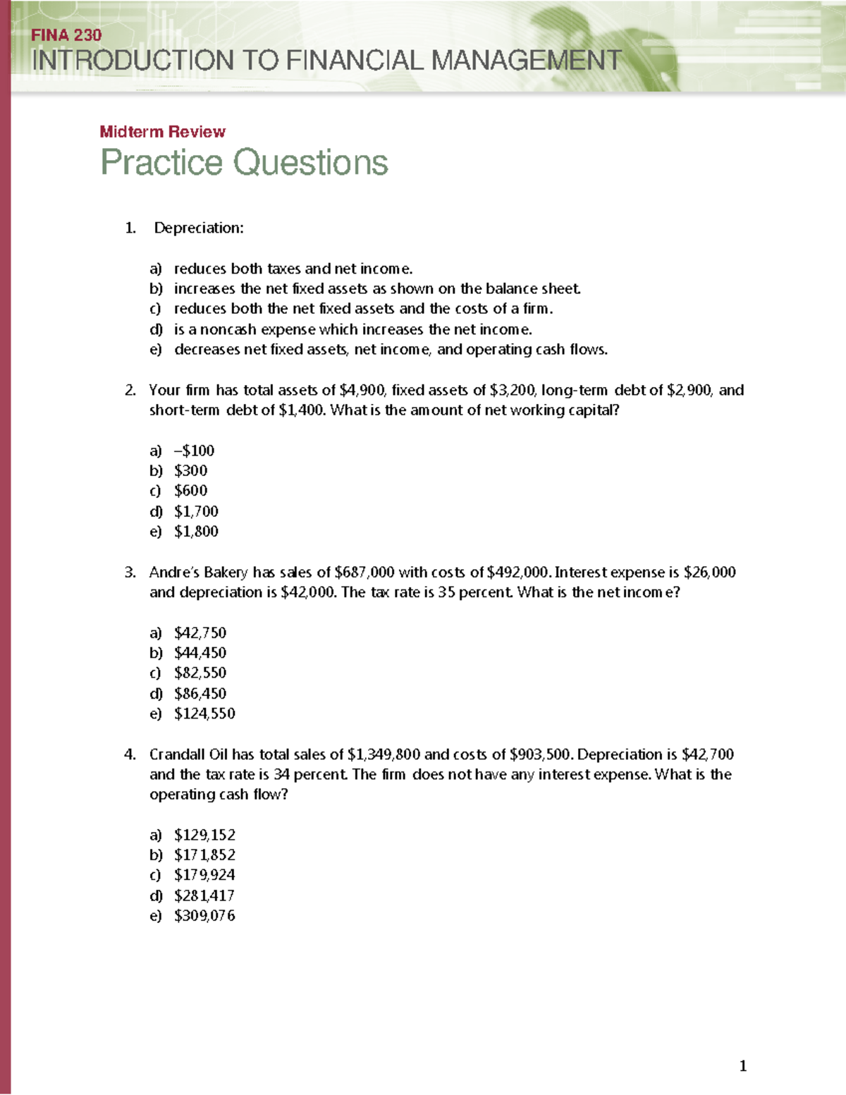 FINA230 Midterm Practice Questions - INTRODUCTION TO FINANCIAL ...