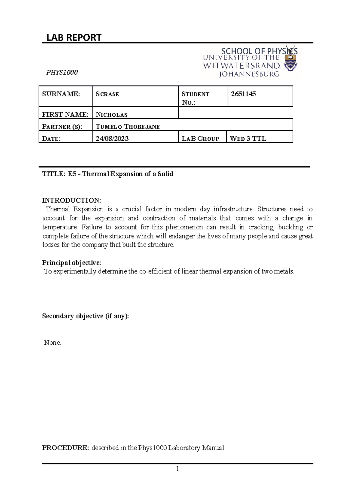Exp05 - Thermal Expansion - LAB REPORT SCHOOL OF PHYSICS PHYS SURNAME ...