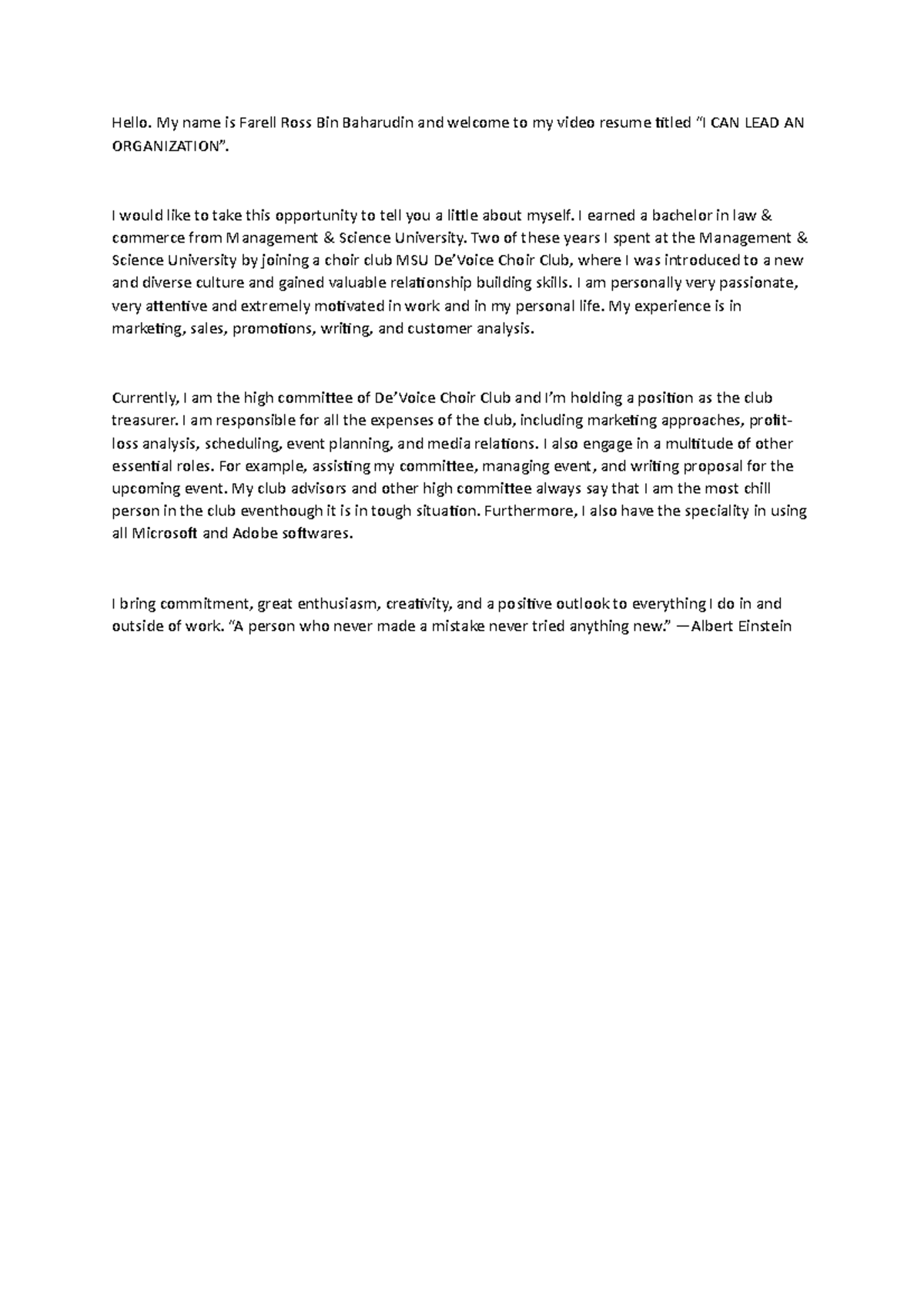 Video Resume Script Hello My Name Is Farell Ross Bin Baharudin And 