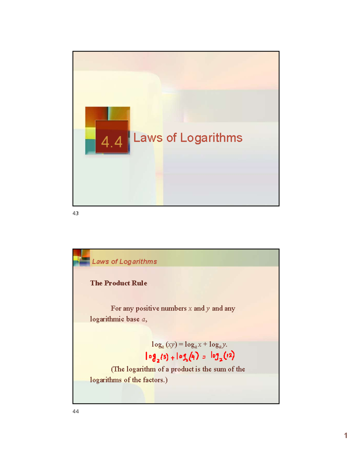 Sec. 4-4 - Laws of Logarithms - Laws of Logarithms 4. Laws of ...