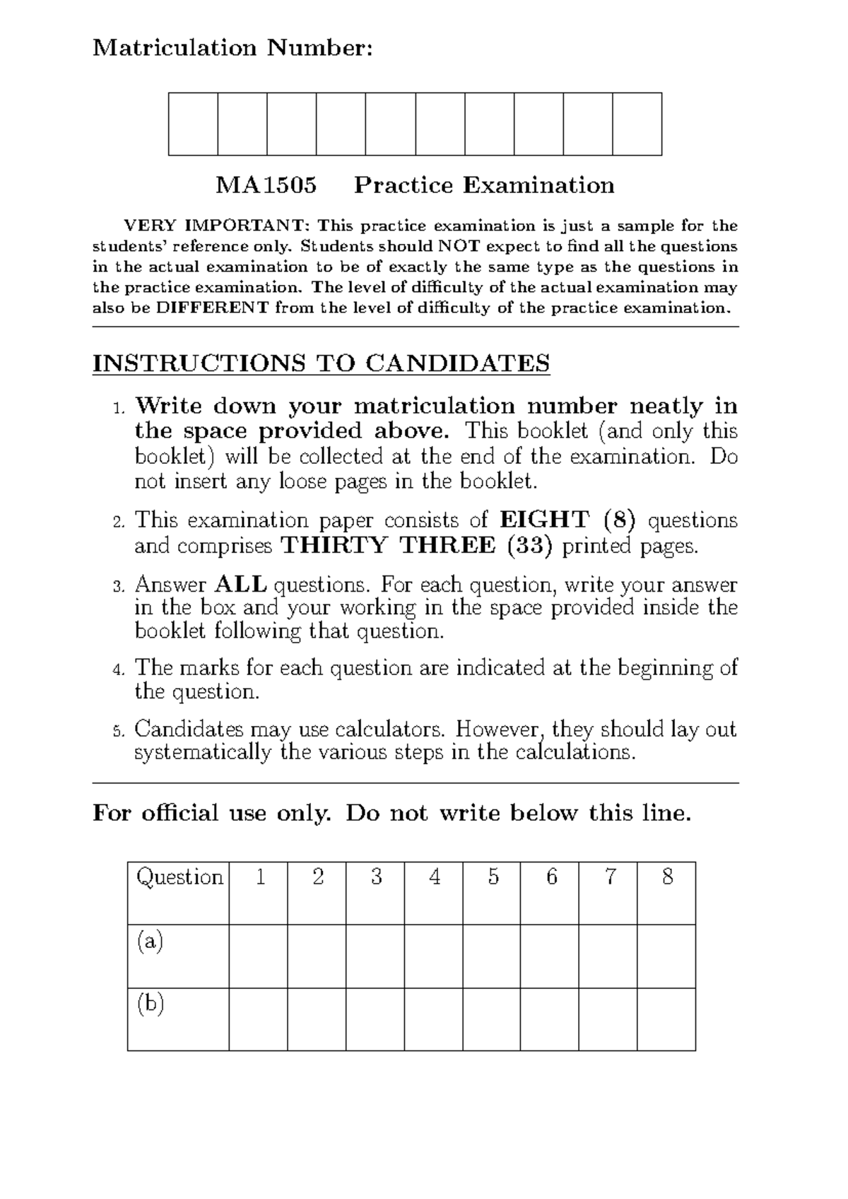 Practice Exam - Matriculation Number: MA1505 Practice Examination VERY ...