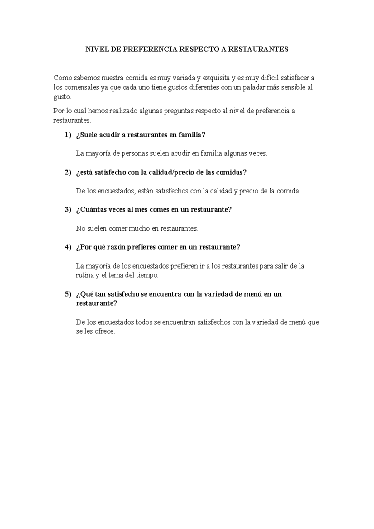 Nivel DE Preferencia Respecto A Restaurantes - NIVEL DE PREFERENCIA ...