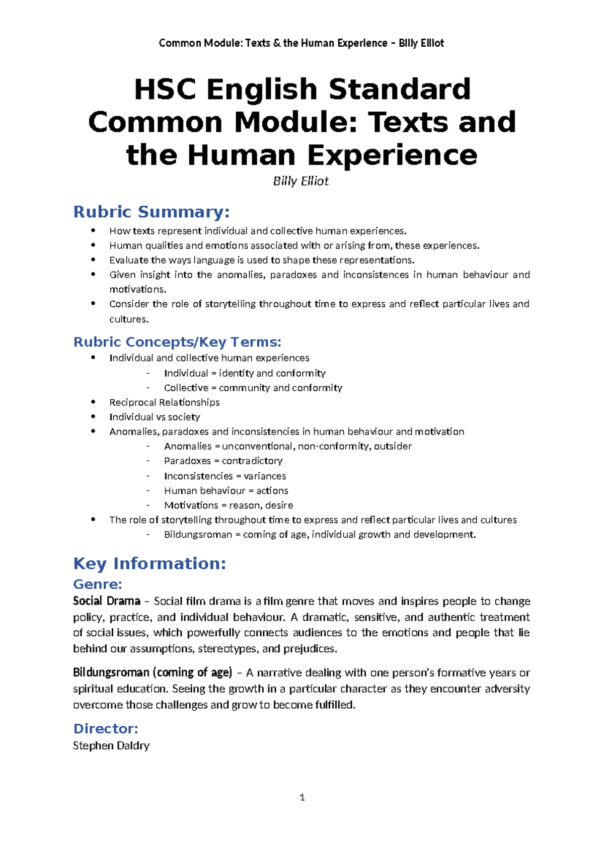 Common Module - Billy Elliot - Notes - HSC English Standard Common ...