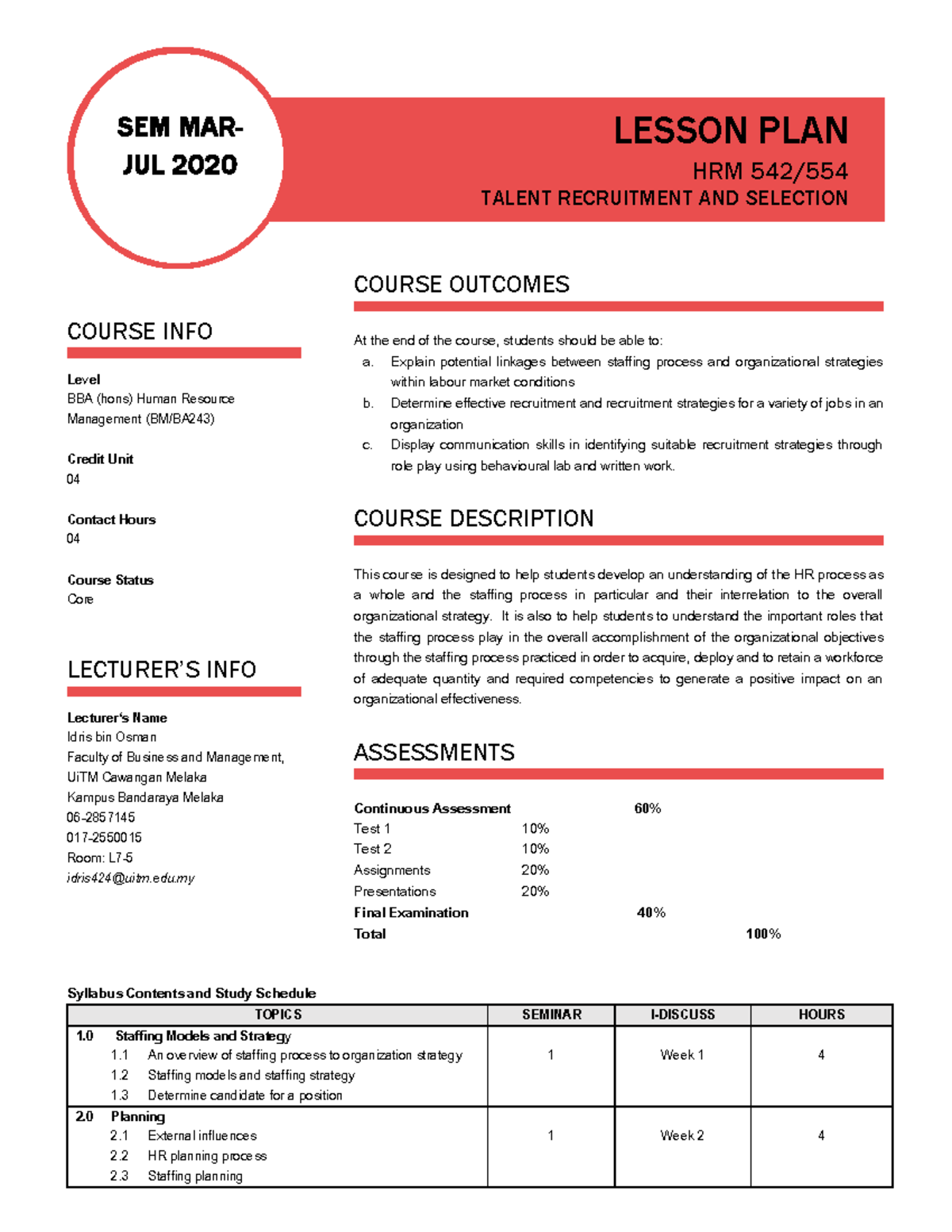 Lesson PLAN HRM 554 542 - Grade: 3.6 - COURSE INFO Level BBA (hons ...