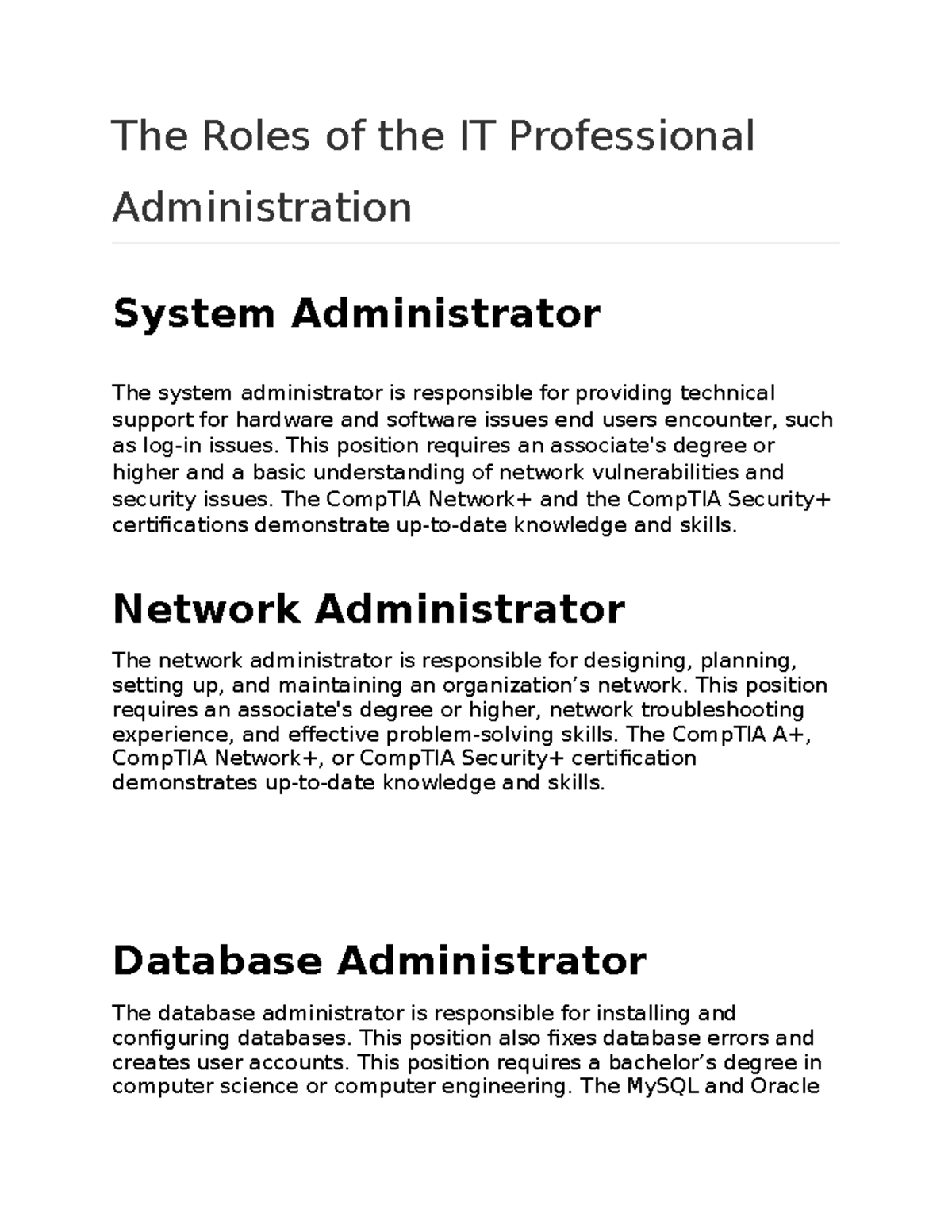 Module 4 IT Professionals - The Roles of the IT Professional ...
