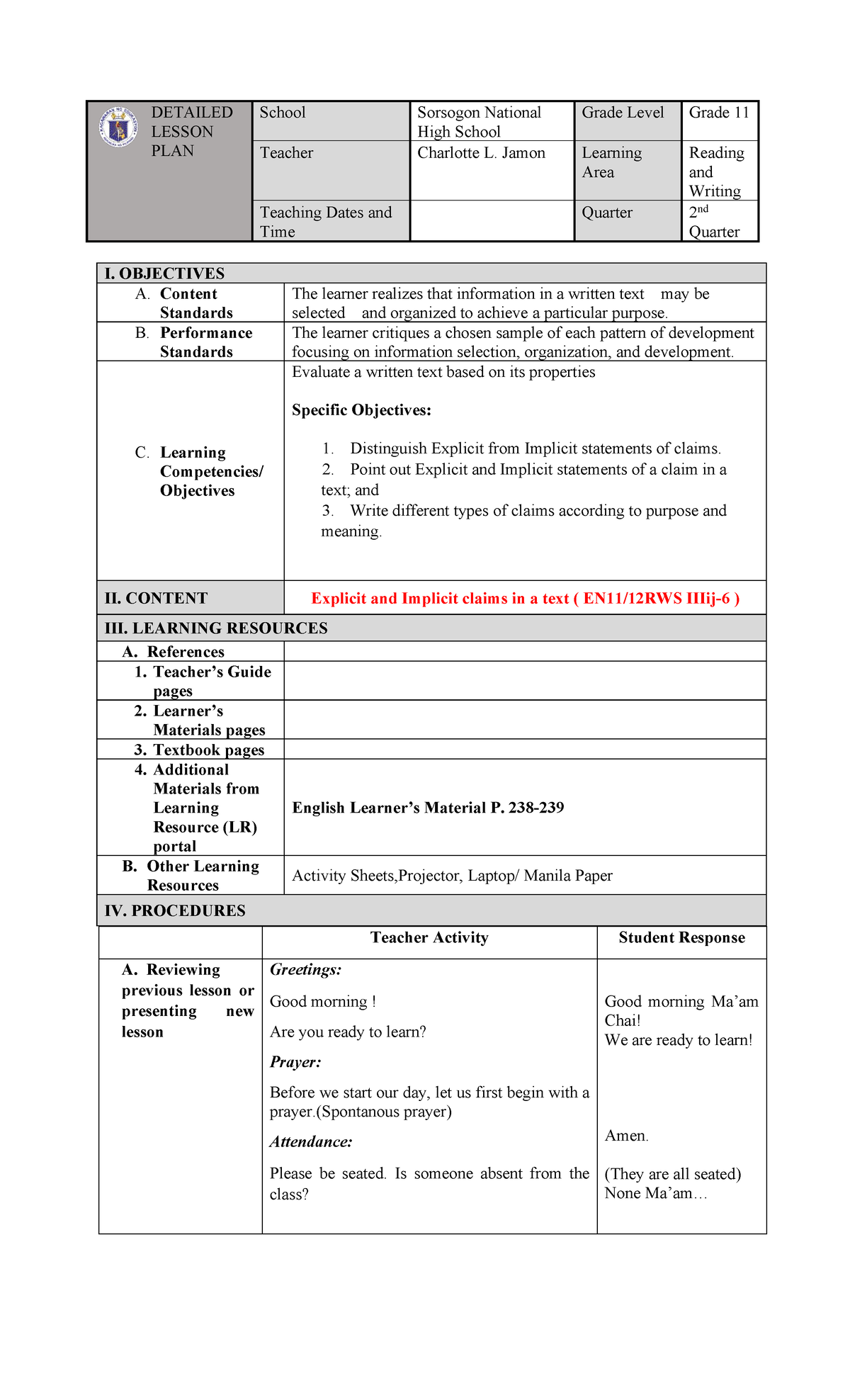 Explicit and Implicit Claims in a Text- Jamon PDF Final - DETAILED ...