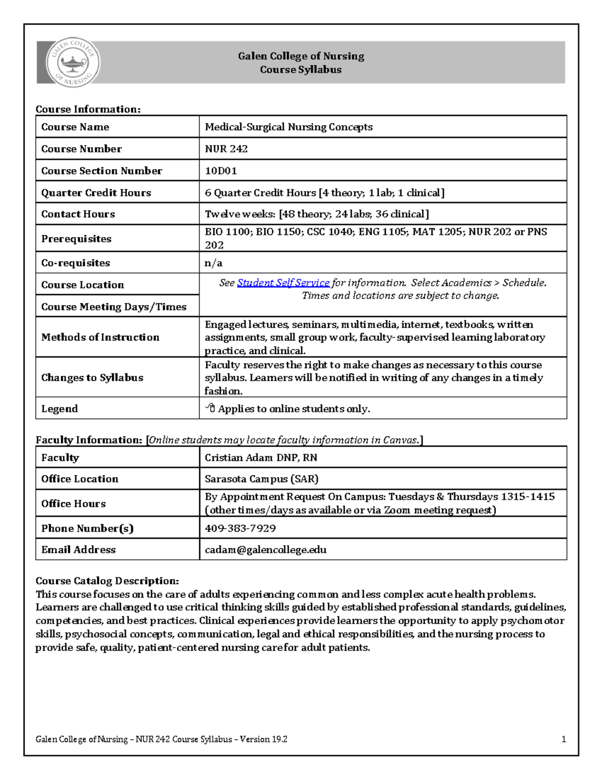 NUR 242 Syllabus Version 19-3 Adam Fall2023 - Galen College of Nursing ...