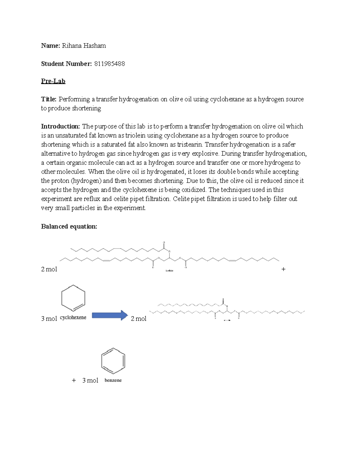 Transfer Hydrogenation of Olive Oil Lab - Name: Rihana Hasham Student ...