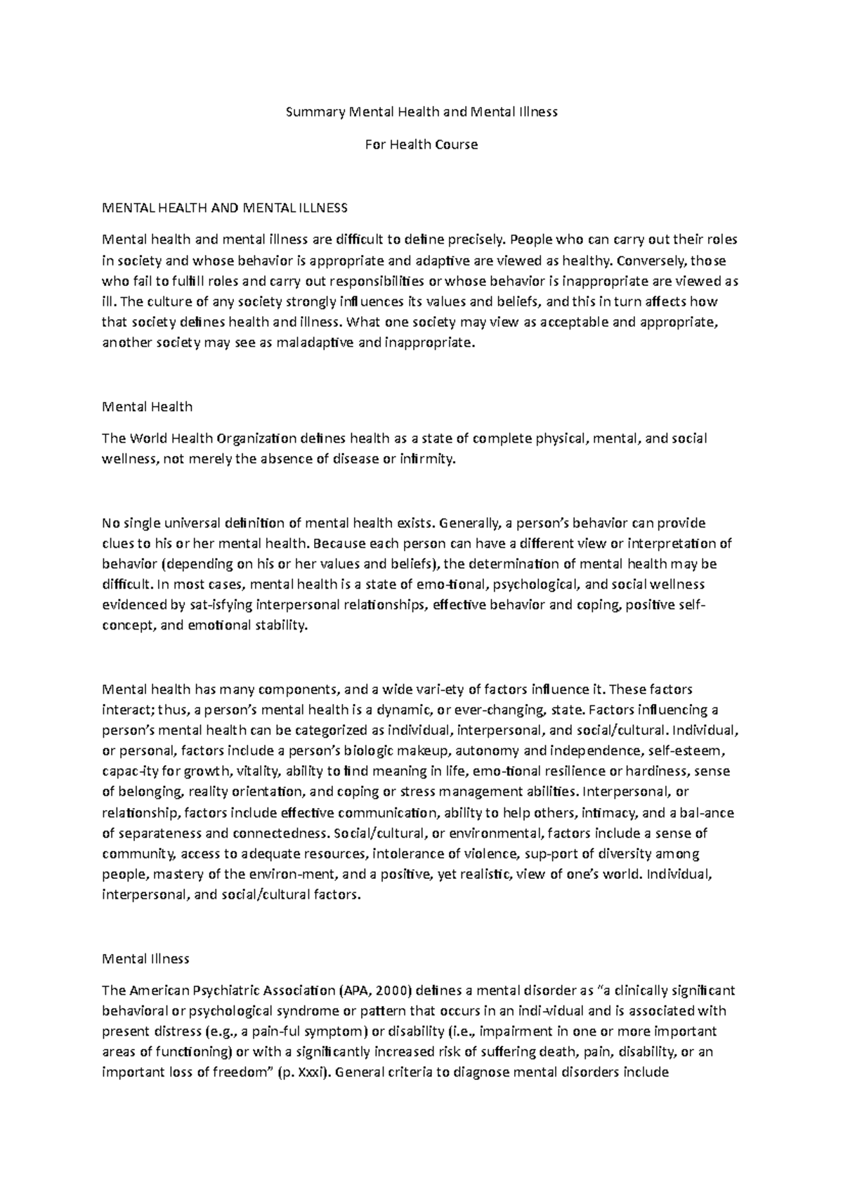 Summary Mental Health and Mental Illness For Health Course - Summary ...